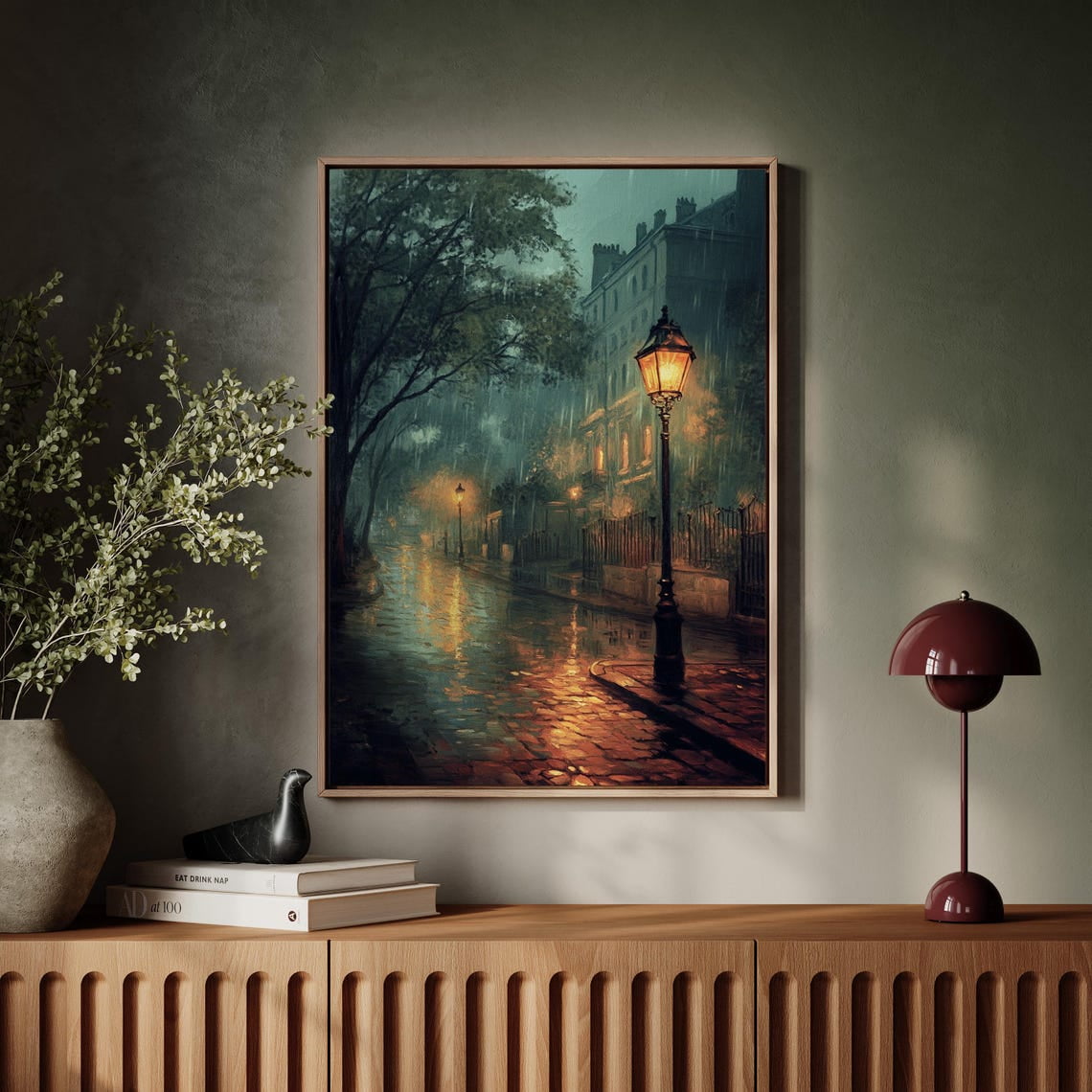 Rainy Night Street Scene - Atmospheric Glowing Lamplights On Wet ...