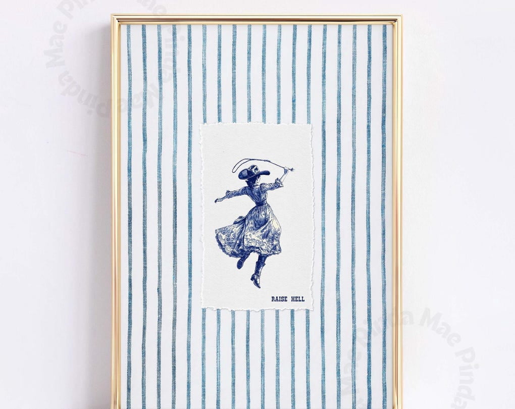 Raise Hell Cowgirl Print, Blue Toile Western Wall Art, Chinoiserie ...