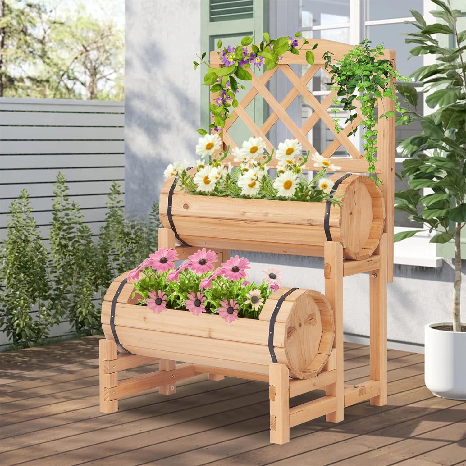 Raised Bed with Trellis Wood Garden Planter Box, Free-Standing Planters ...
