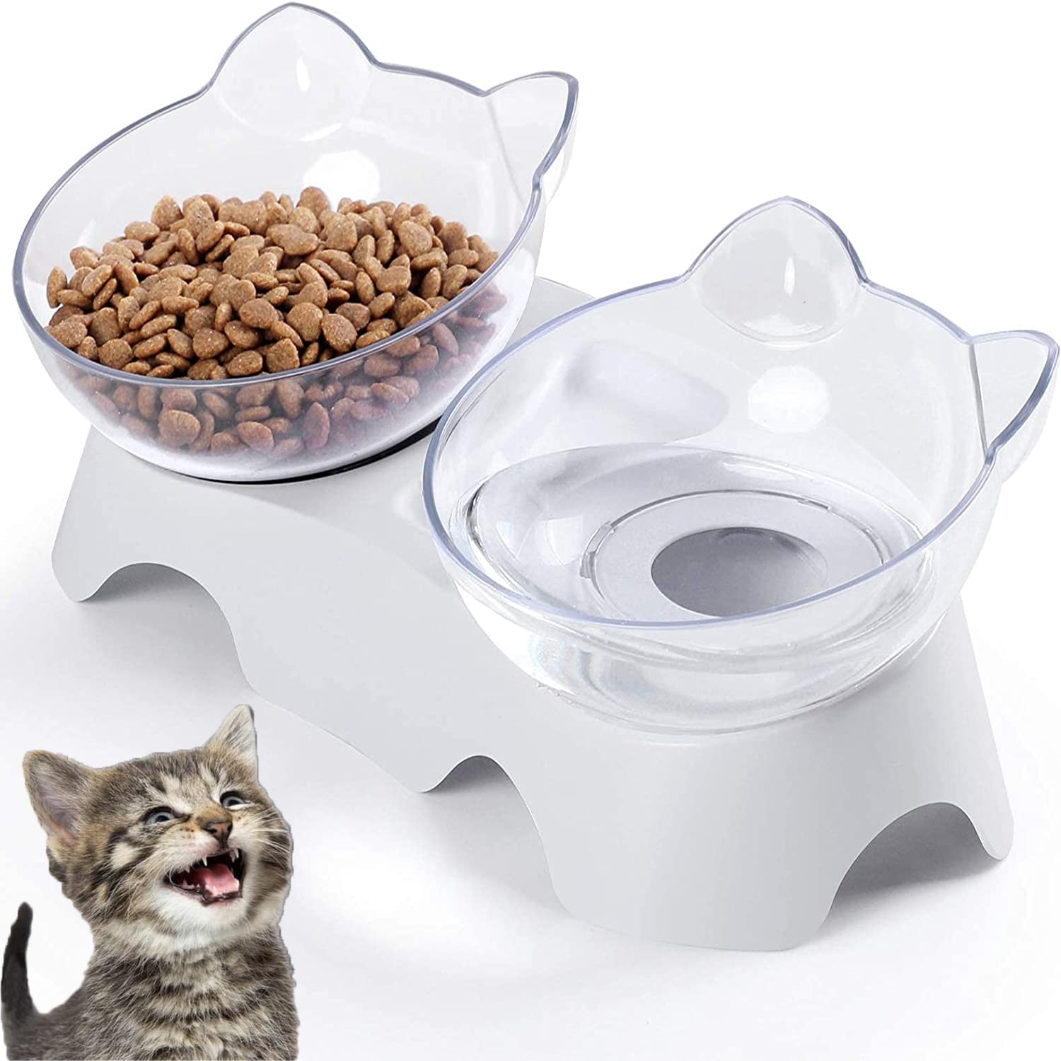 Hanyge Elevated Double Cat Food & Water Bowl with Cat Ear Design for ...