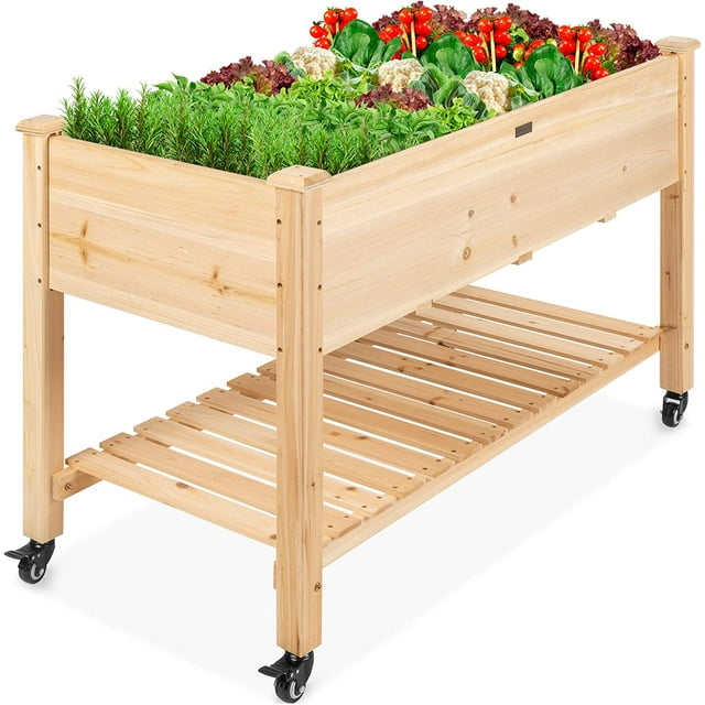 Raised Garden Bed 48x24x32-inch Mobile Elevated Wood Planter w/Lockable ...