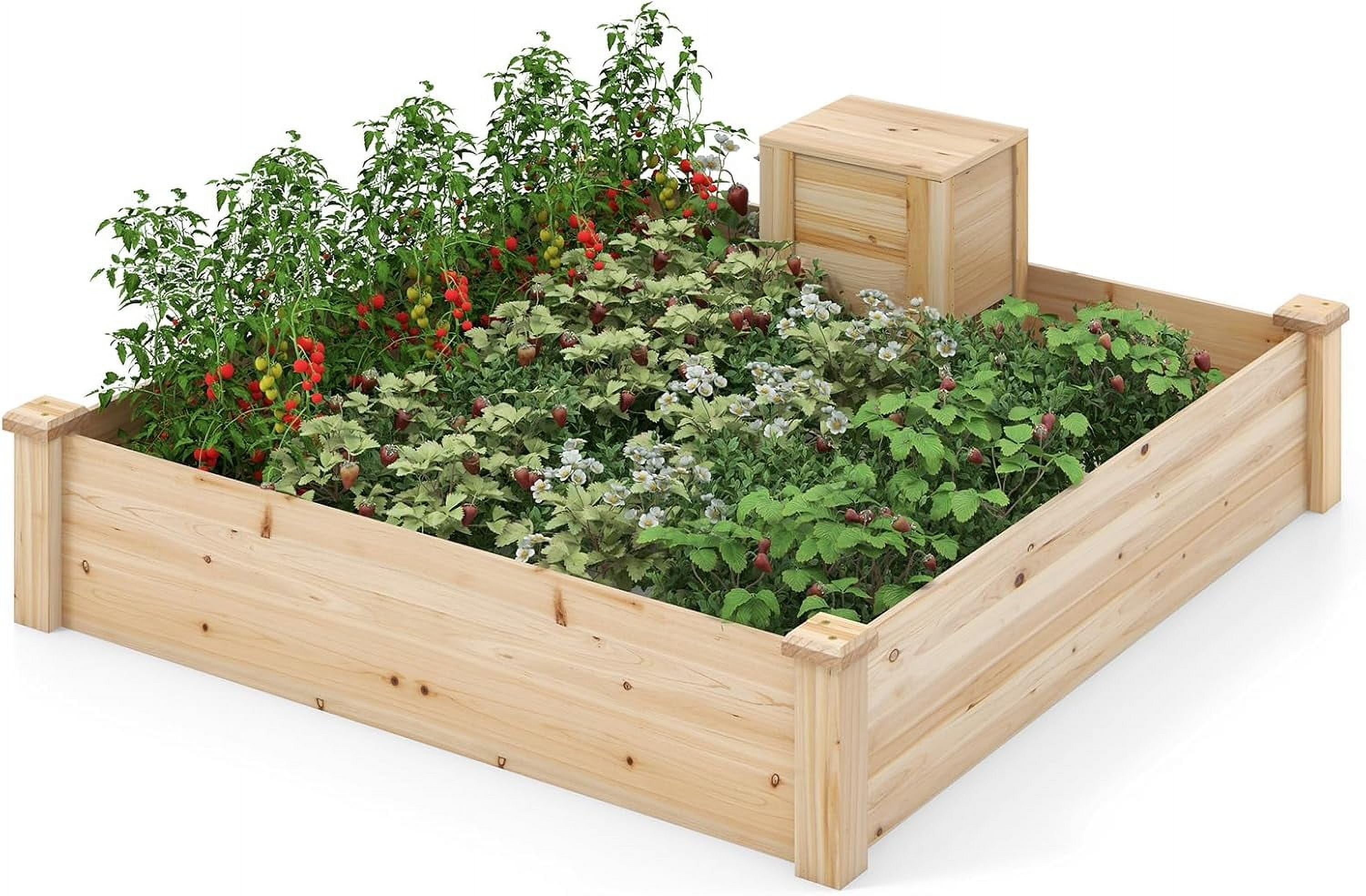 TONGW Raised Garden Bed, 49"x49"x10" Wood Planter Box Kit w/Compost Bin ...