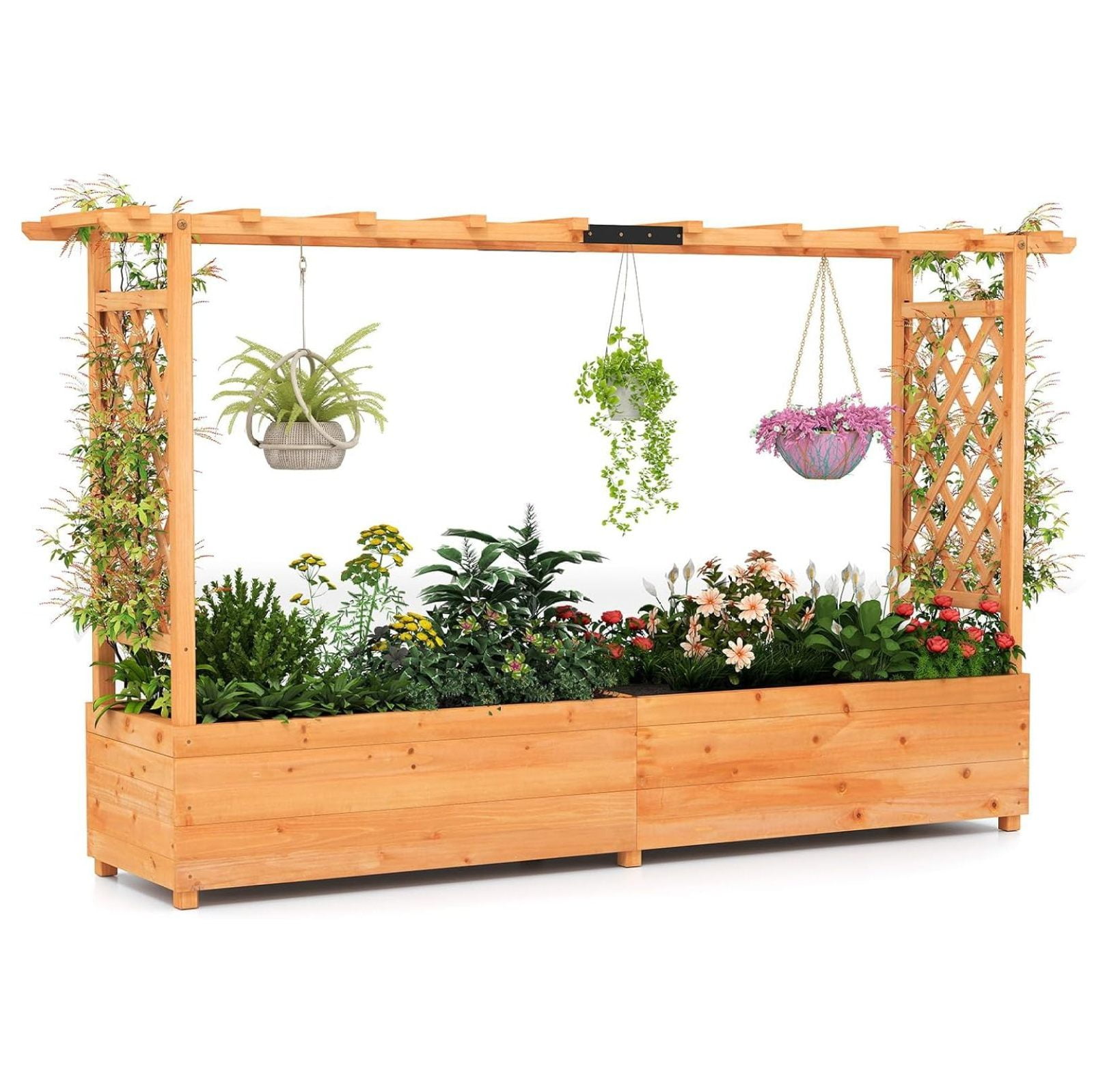 Raised Garden Bed, 67'' Planter Box w/Trellis, Drainage Holes ...