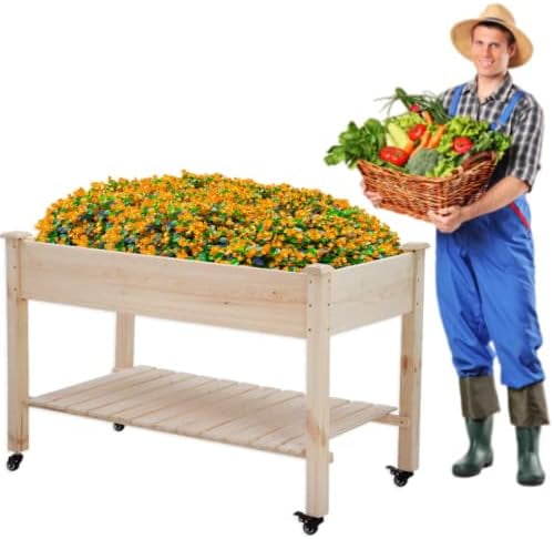 Raised Garden Bed Elevated Wood Planter Box with Wheels and Storage ...