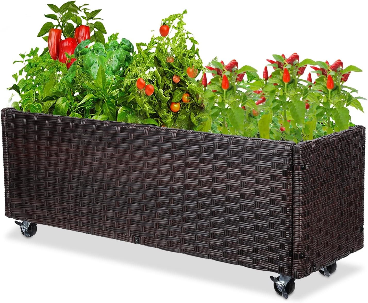 Elevated Rattan Garden Bed with Wheels - Indoor/Outdoor Planters, 3.1FT ...