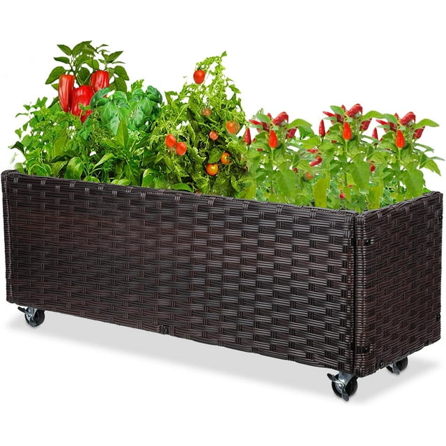 Elevated Rattan Garden Bed with Wheels - Indoor/Outdoor Planters, 3.1FT ...