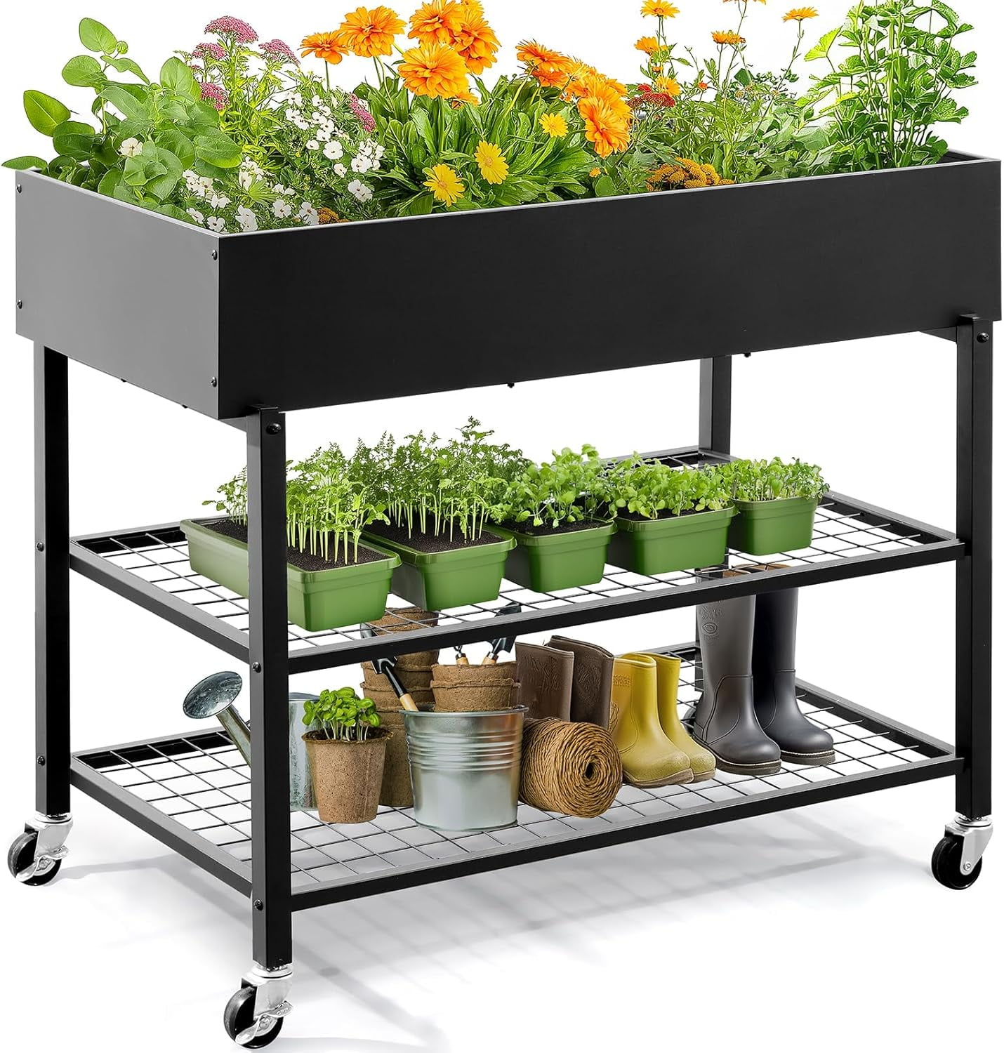 Raised Garden Bed with Legs & Double-Layer Storage Shelf, Galvanized ...
