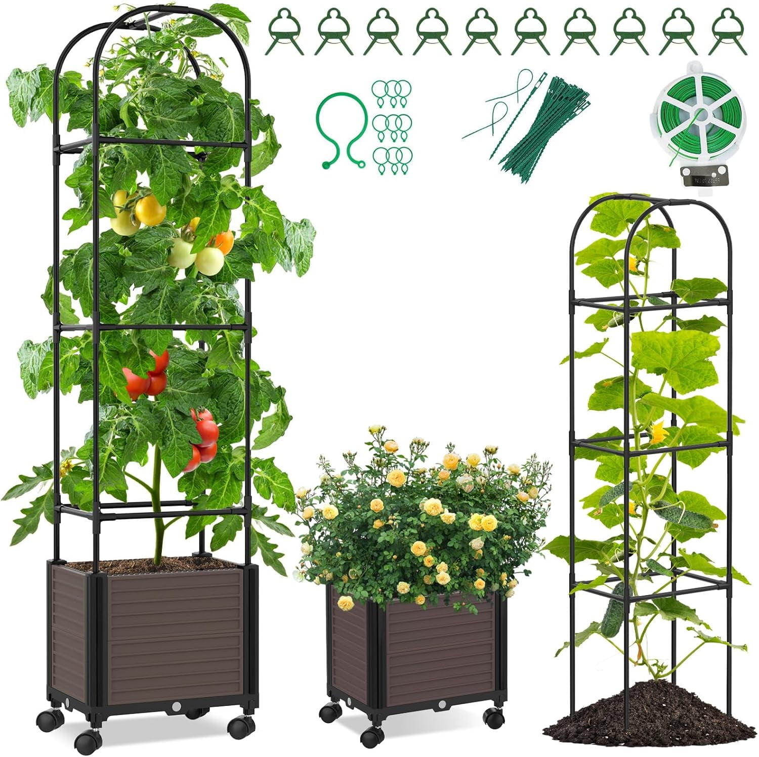 Raised Garden Bed Planter Box with Trellis, 64" Self Watering Tomato ...