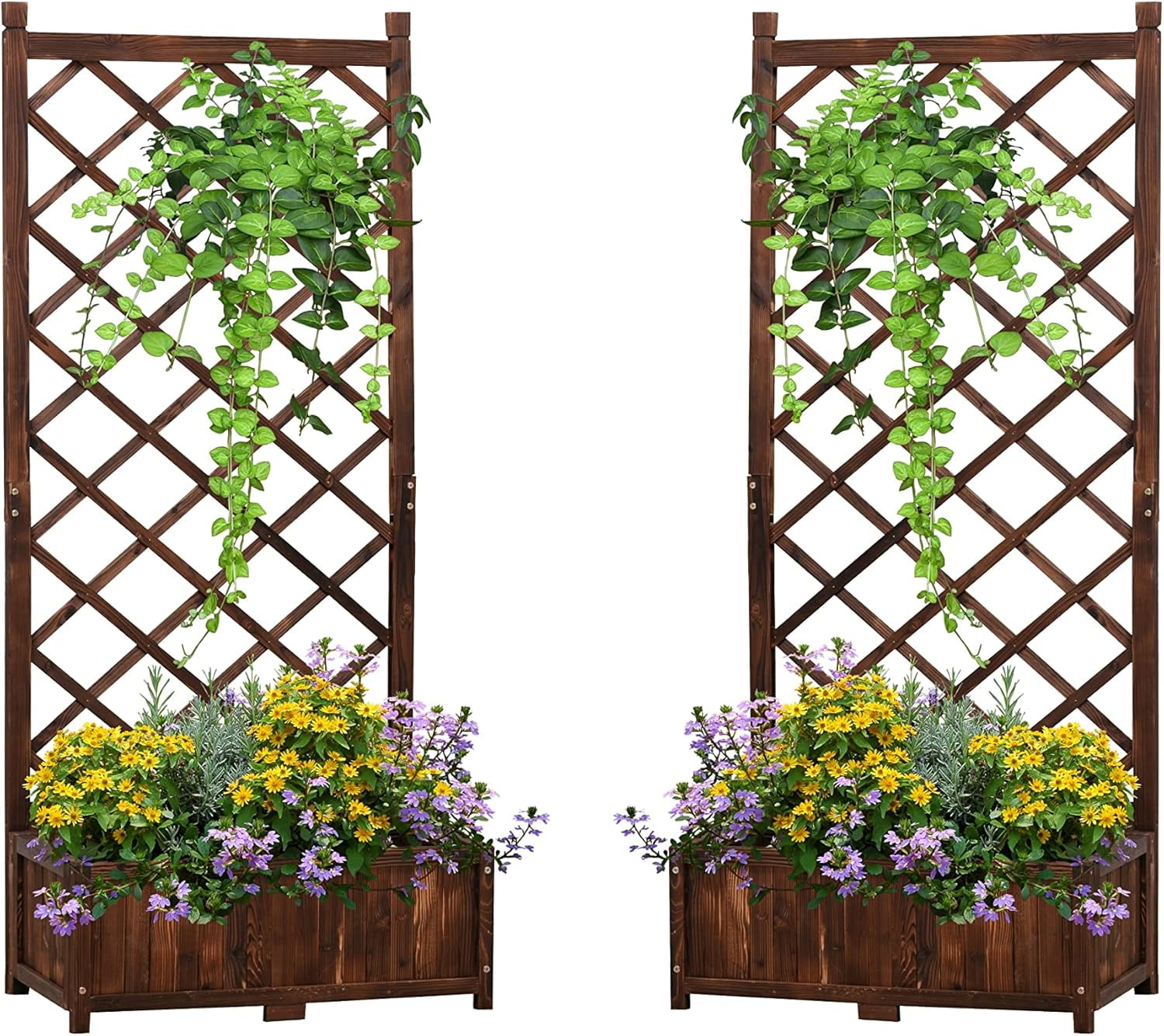 Raised Garden Bed Planter with Trellis Outdoor Wood Box 67in Set of 2 ...