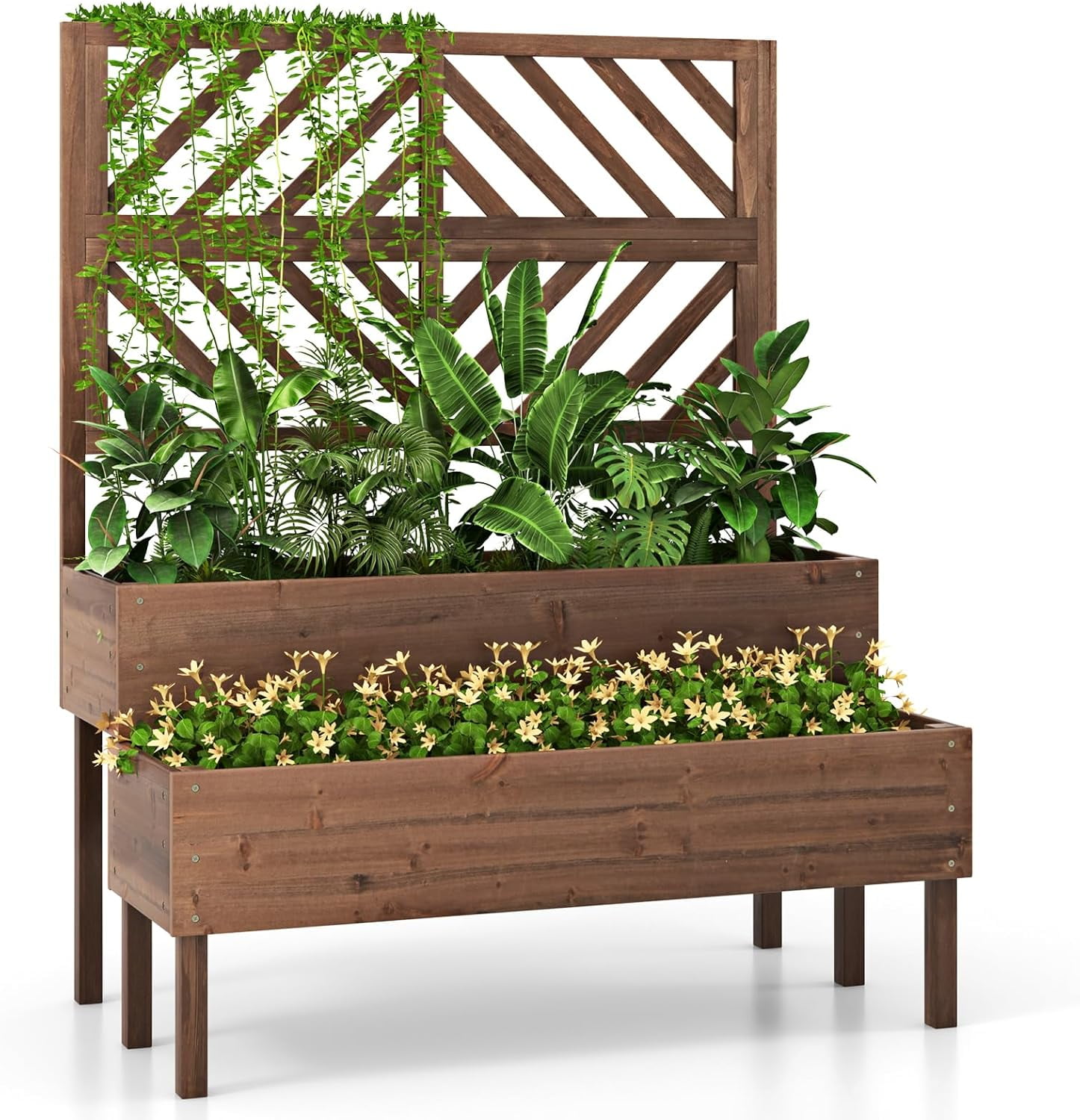 Raised Garden Bed with Trellis & 2 Planter Boxes, 2-Tier Outdoor Wooden ...
