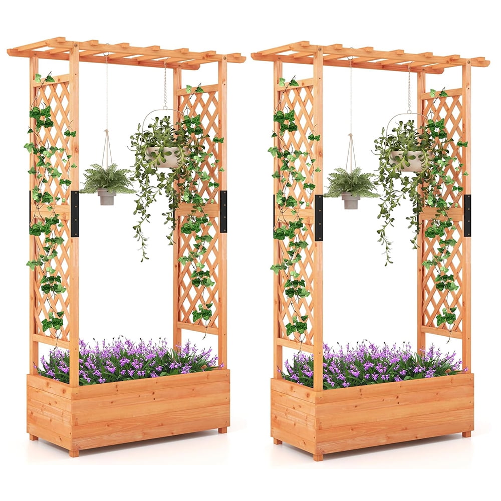 Raised Garden Bed with Trellis, Freestanding Wood Planter Box with ...