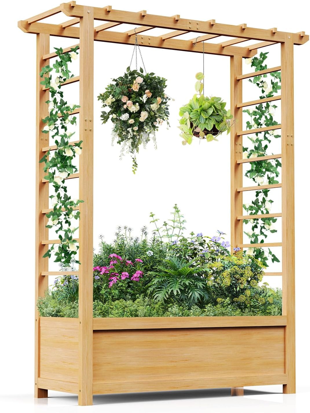 Raised Garden Bed with Trellis, Freestanding Wood Planter Box w/Hanging ...