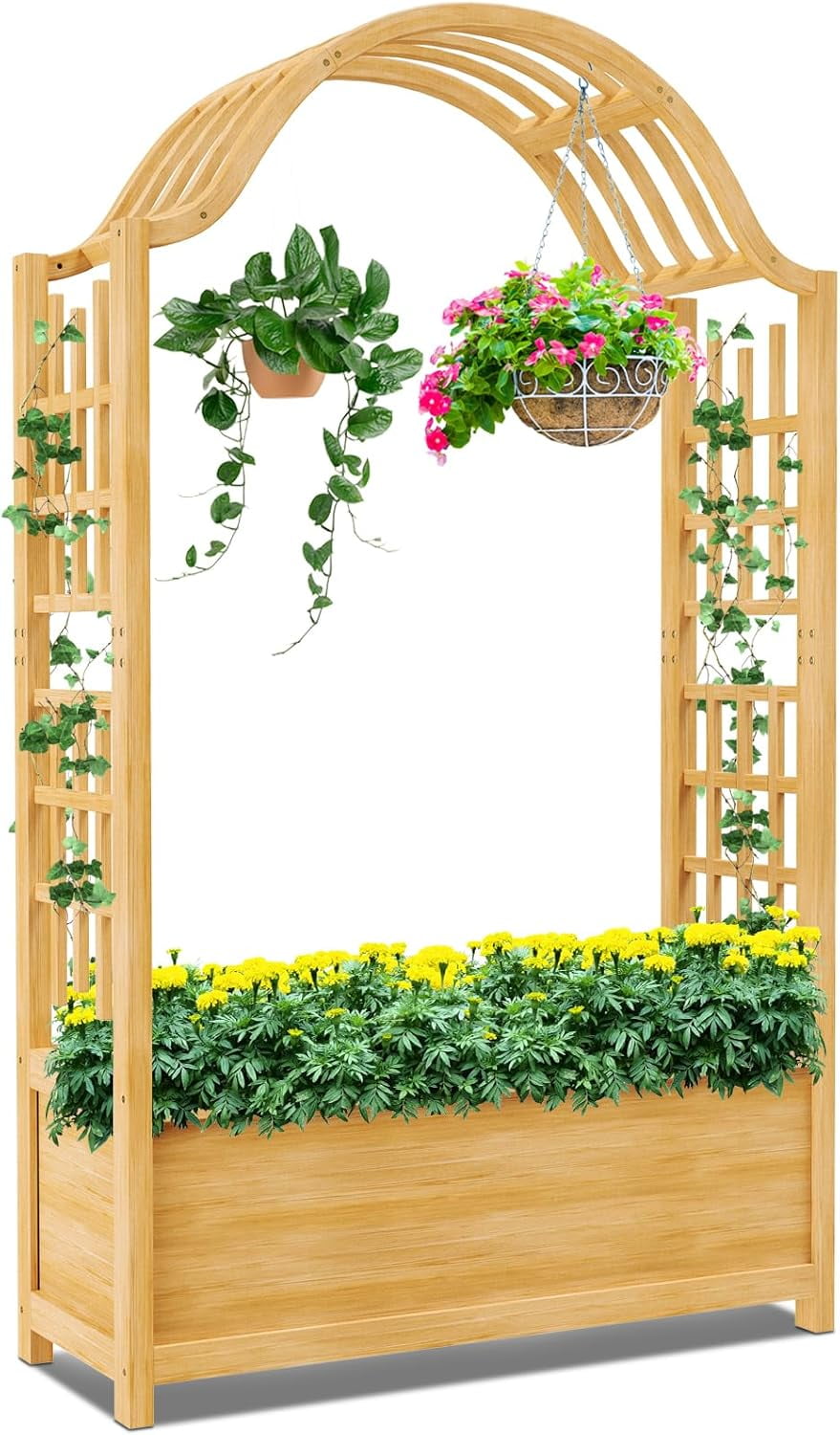 Raised Garden Bed with Trellis, Freestanding Wood Planter Box w/Hanging ...