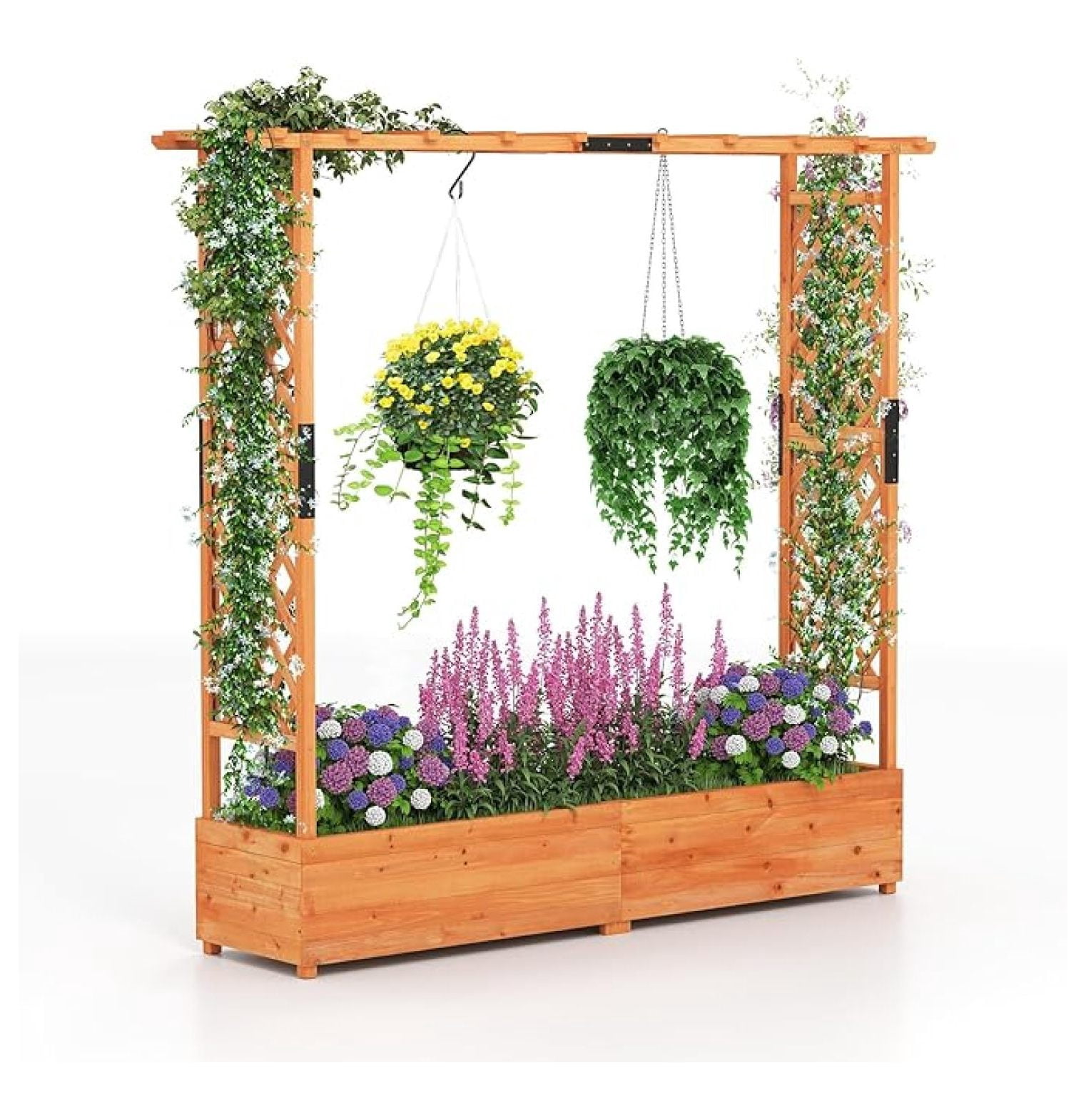 Raised Garden Bed with Trellis, Freestanding Wood Planter Box w/Hanging ...