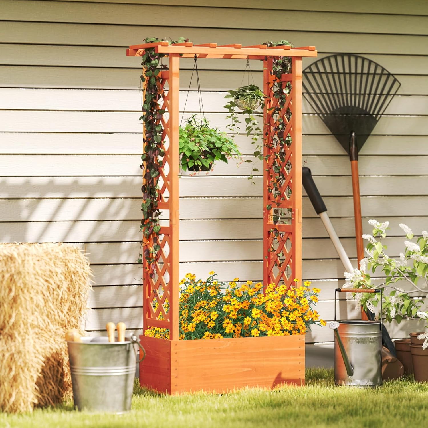 Raised Garden Bed with Trellis & Hanging Roof, Fir Wood Planter Boxes ...