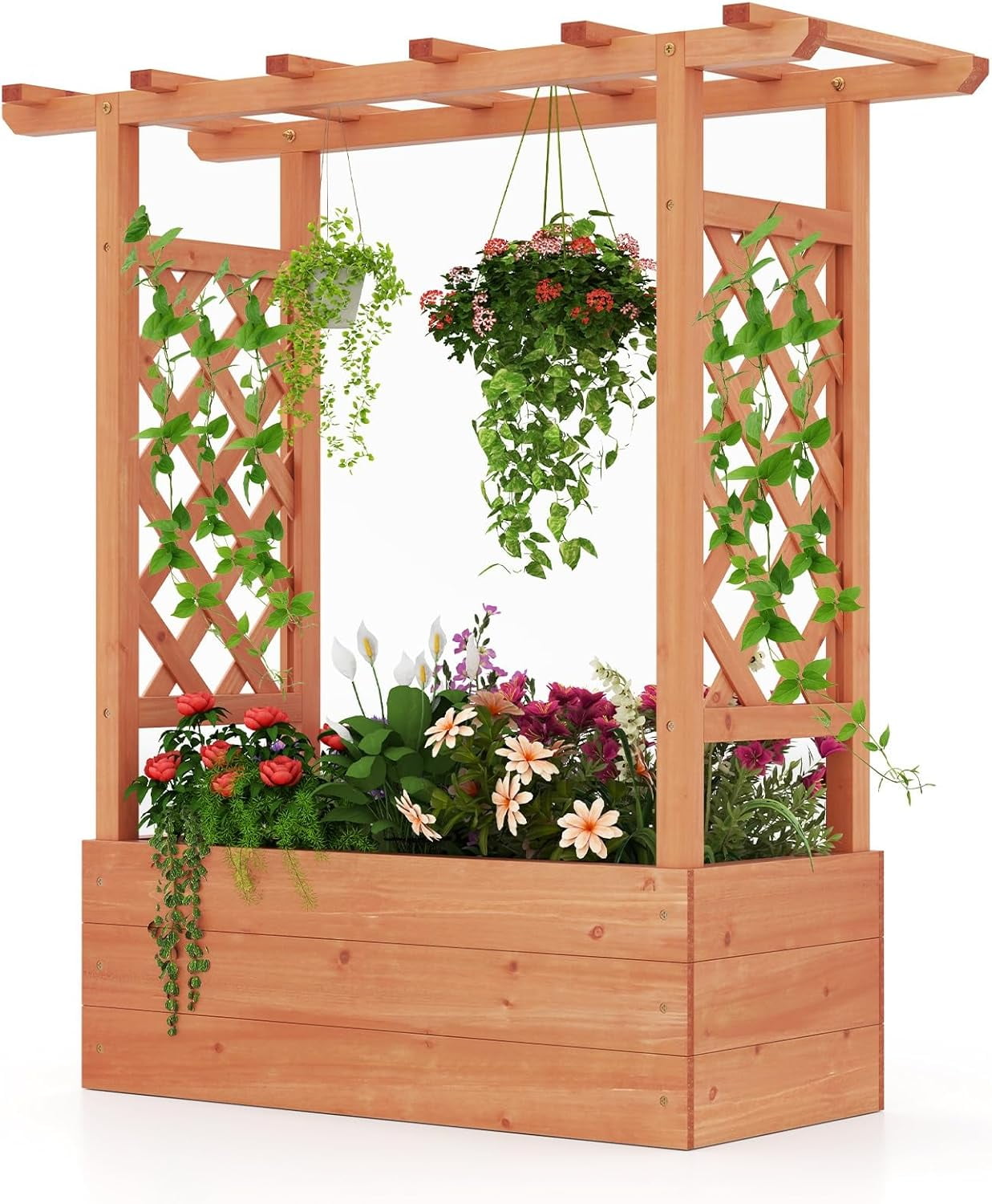 Raised Garden Bed with Trellis & Hanging Roof, Fir Wood Planter Boxes ...