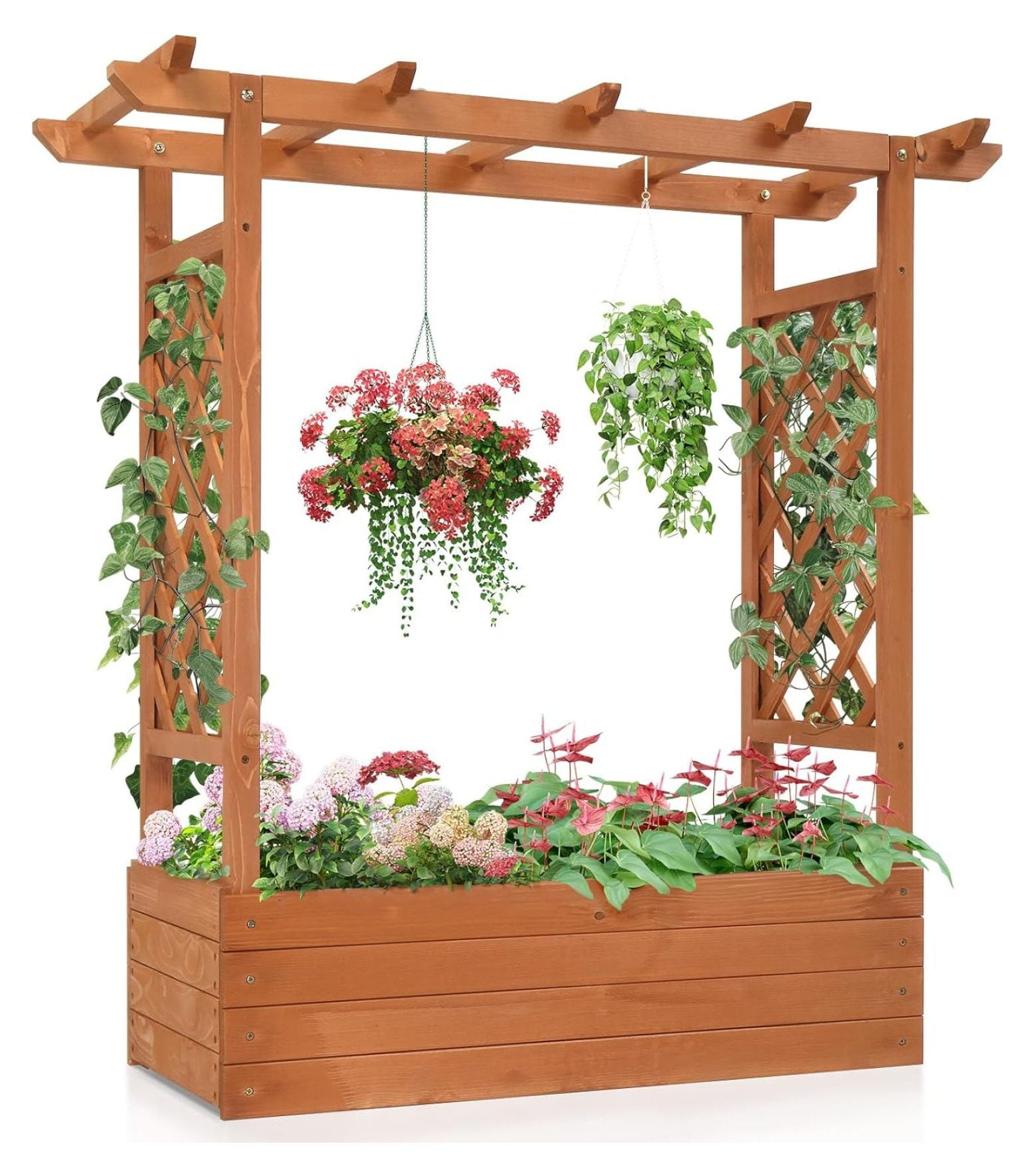 Raised Garden Bed with Trellis, Wood Planter Box with Hanging Roof ...