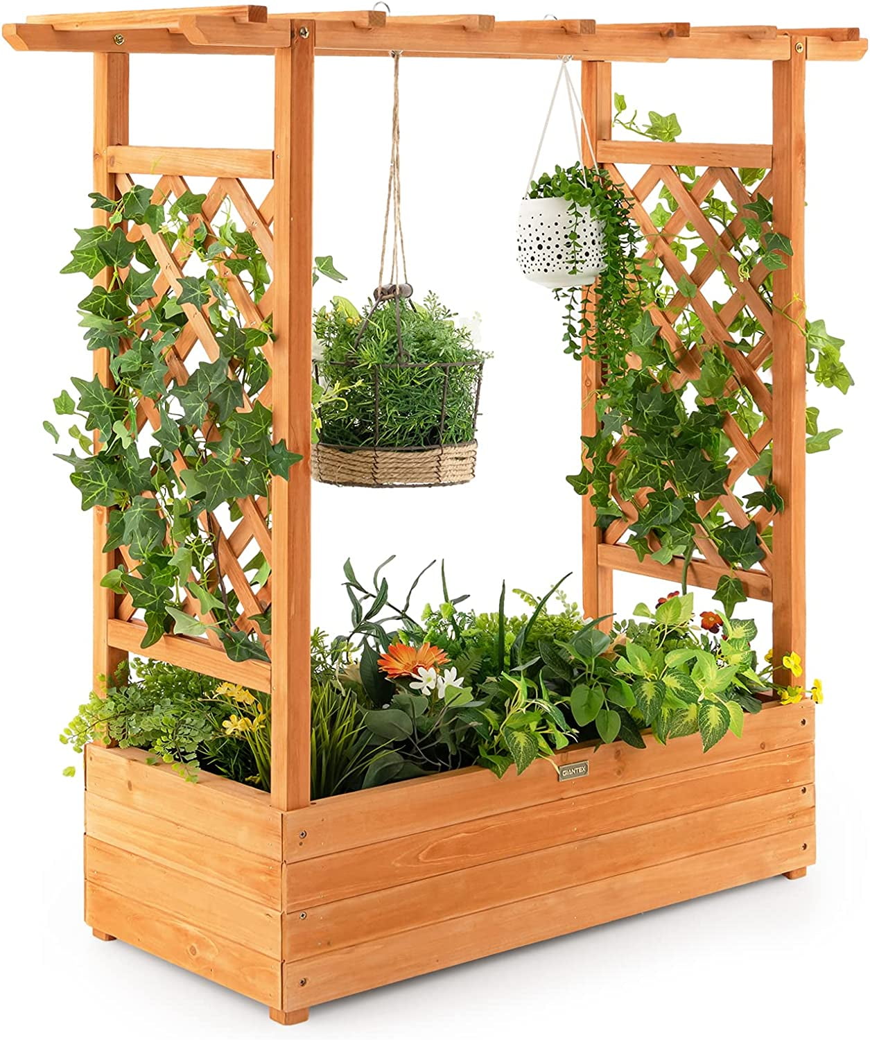 Raised Garden Bed with Trellis, Wood Planter Box with Roof & Side ...