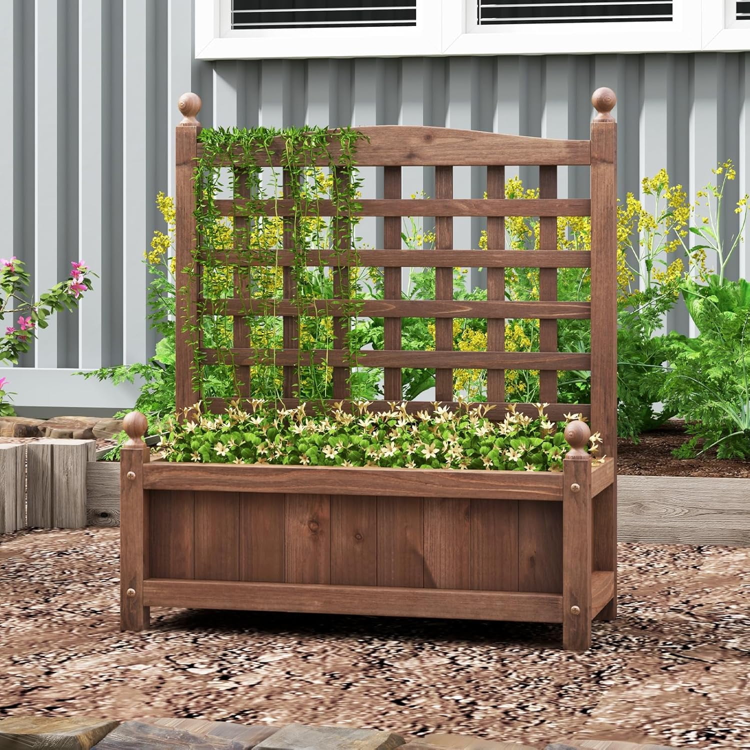 Raised Garden Bed with Trellis, Wooden Planter Box with Drainage Holes ...