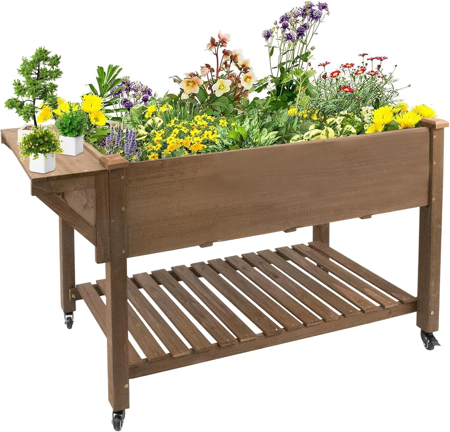 Raised Garden Bed with Wheels, Storage Shelf, Protective Liner, Table ...