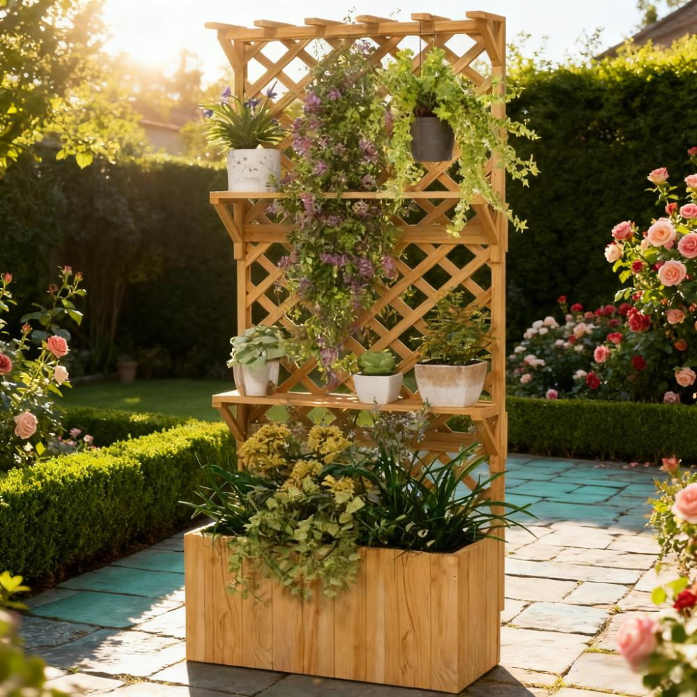 Raised Garden Bed, Wooden Planter with Trellis, Hanging Roof, Plant ...