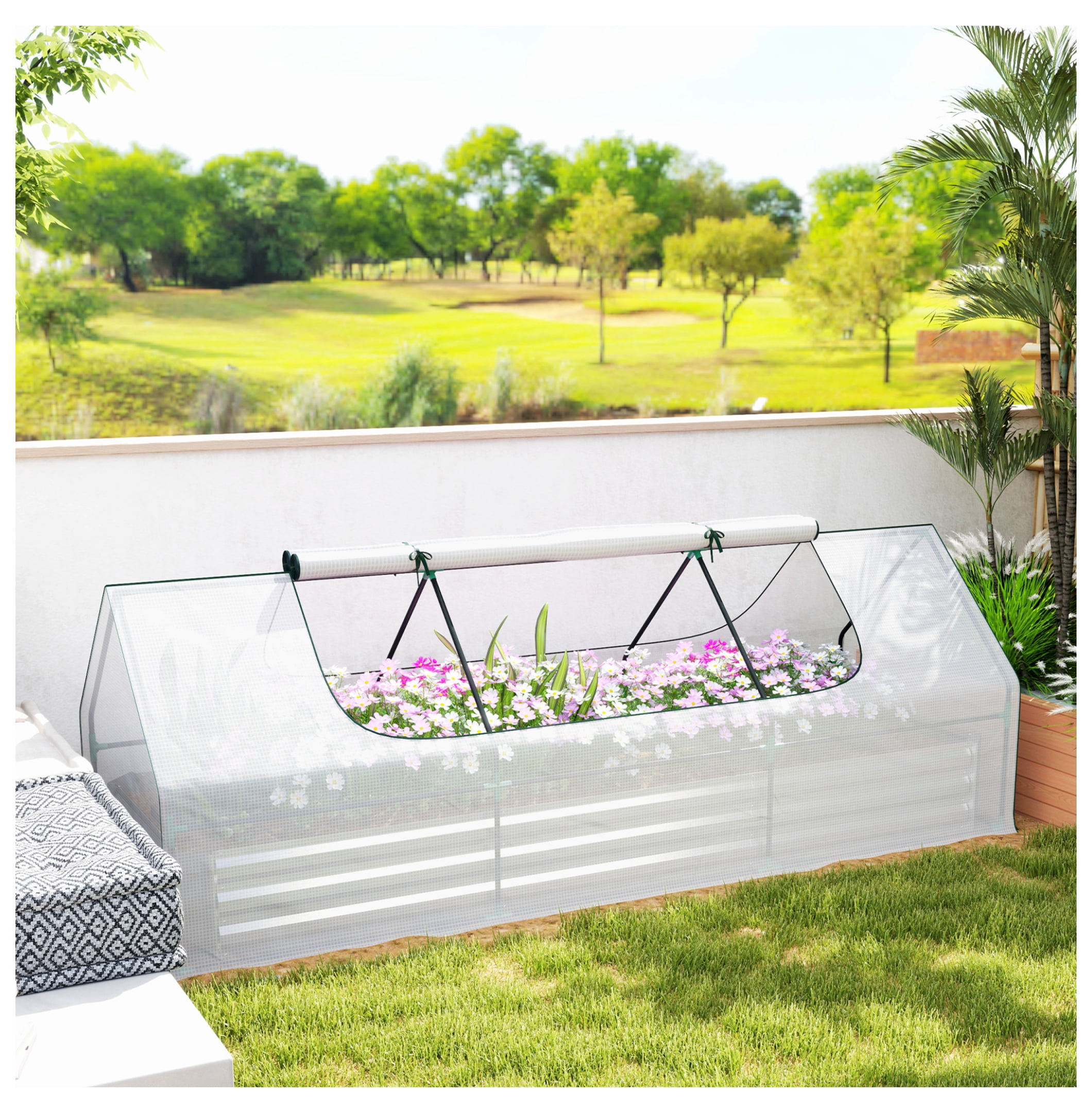 Raised Garden Bed with Greenhouse, 8.6x3x1ft Galvanized Planter Box ...