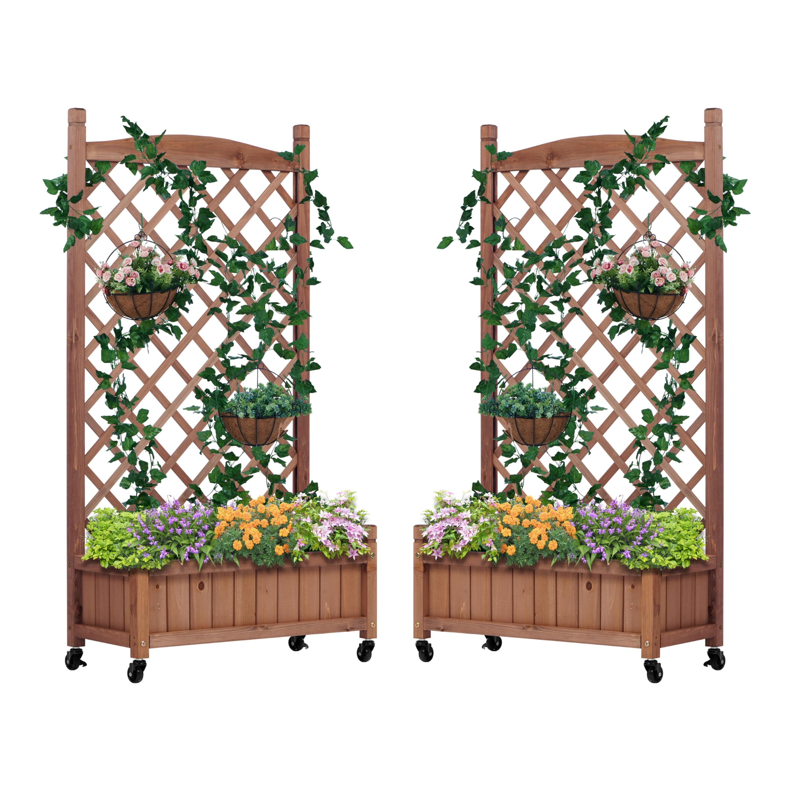 Raised Garden Bed with Trellis 2 Pack, Outdoor Wooden Planter Box for ...