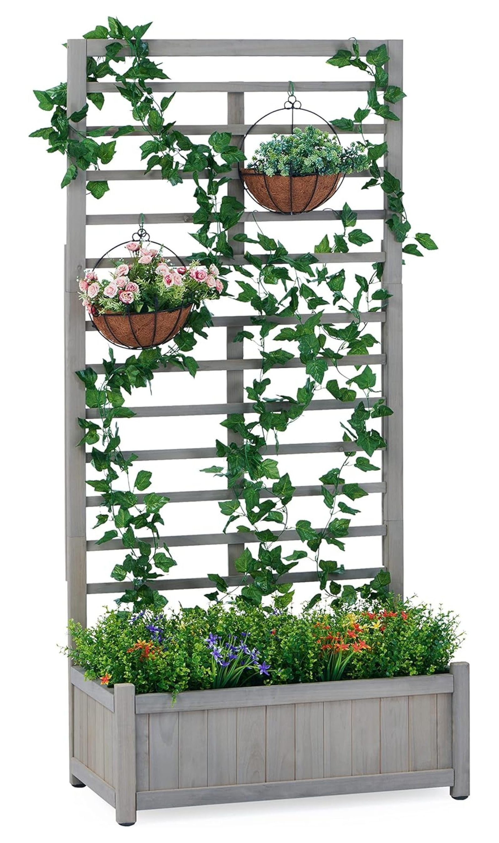 Raised Garden Bed with Trellis, Outdoor Wood Planter Box & Plant Stand ...