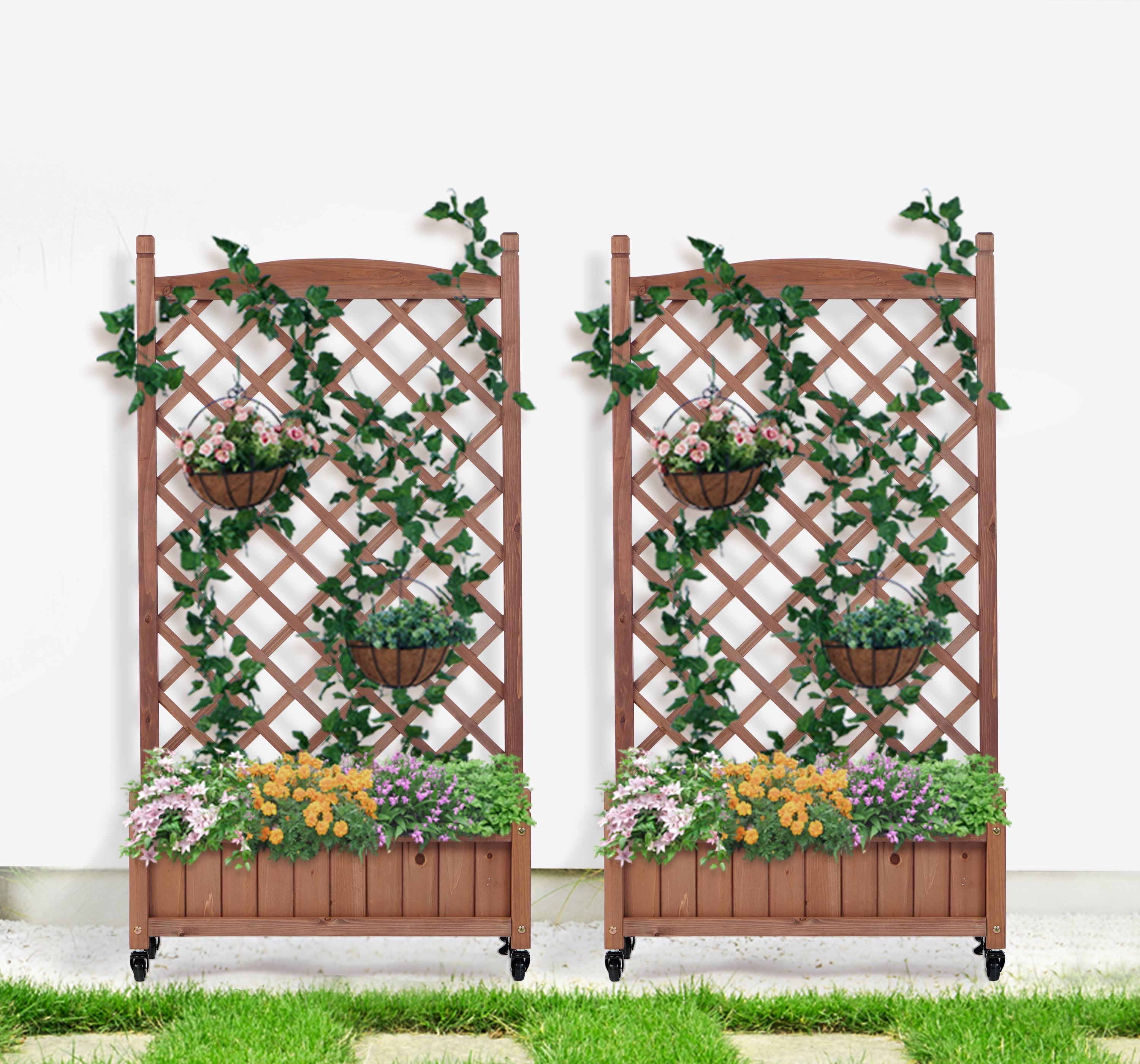 Raised Garden Bed with Trellis Set of 2, Outdoor Wood Planter Box ...