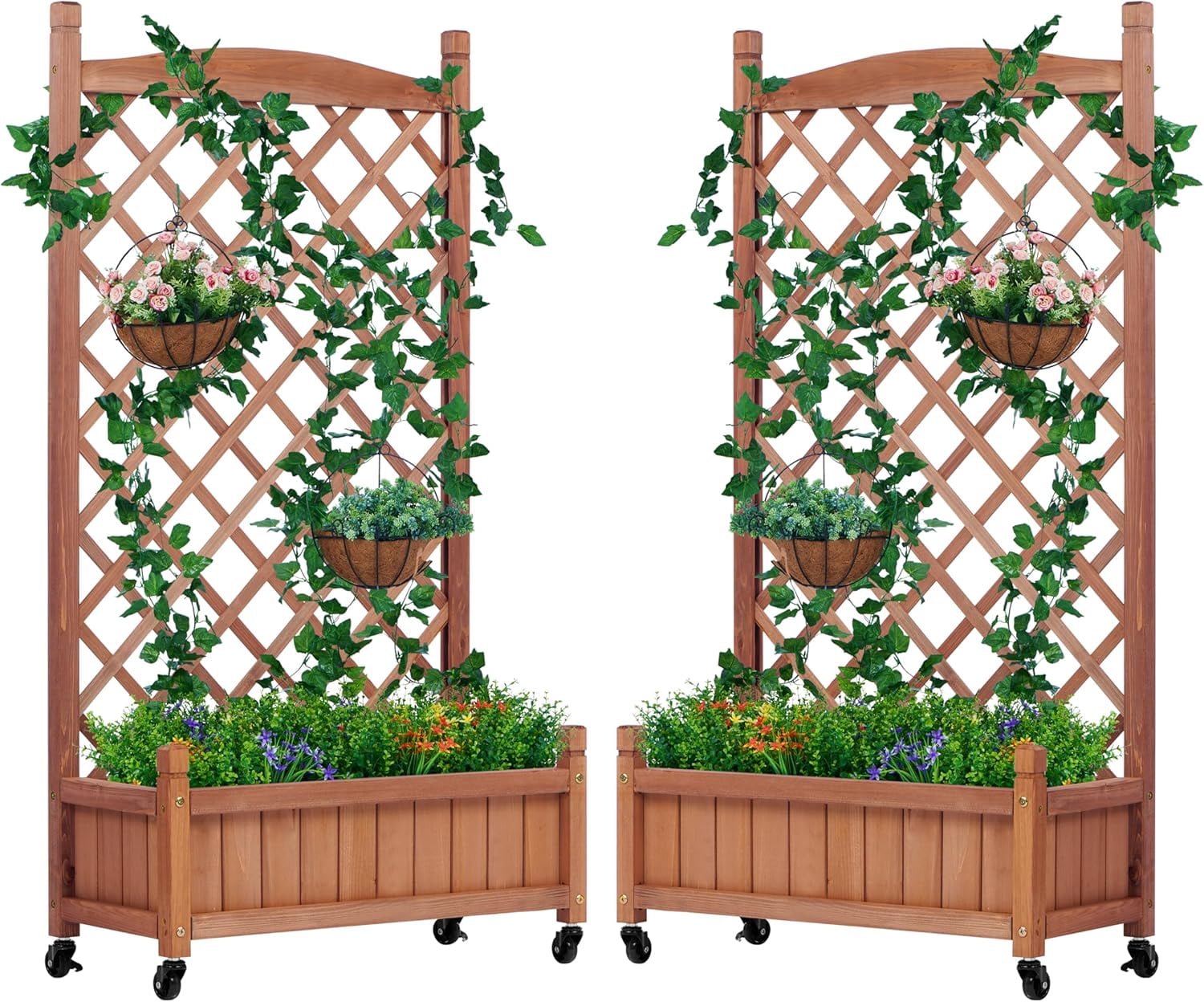 Raised Garden Bed with Trellis Set of 2, Outdoor Wood Planter Box ...