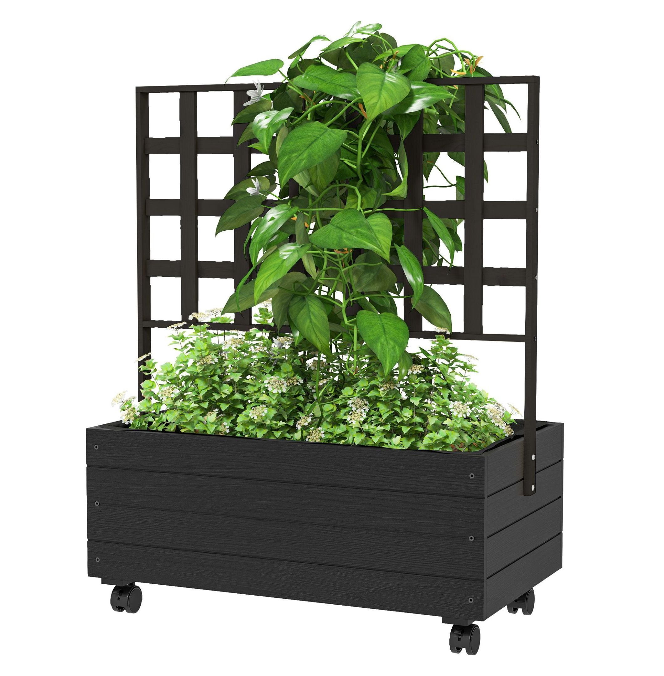 Raised Garden Bed with Trellis & Wheels - Outdoor Wooden Planter Box ...