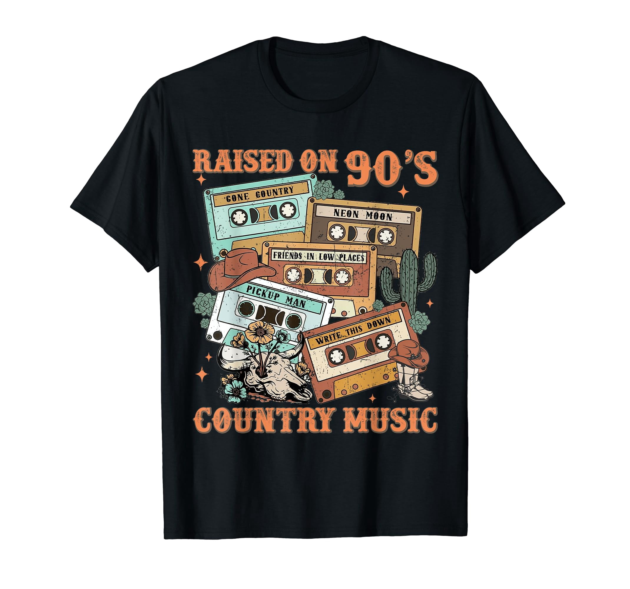 Raised On 90's Country Music Western Cowboy Retro Cow Skull T-Shirt ...