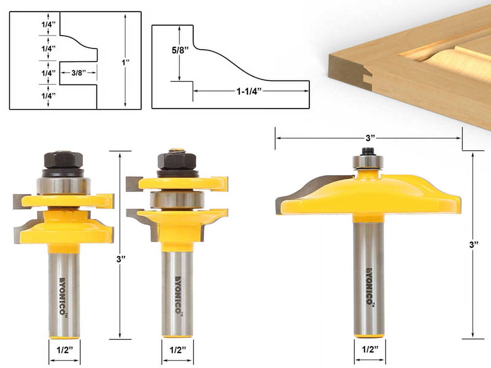 Raised Panel Cabinet Door Router Bit Set - 3 Bit Ogee - Yonico 12335 ...