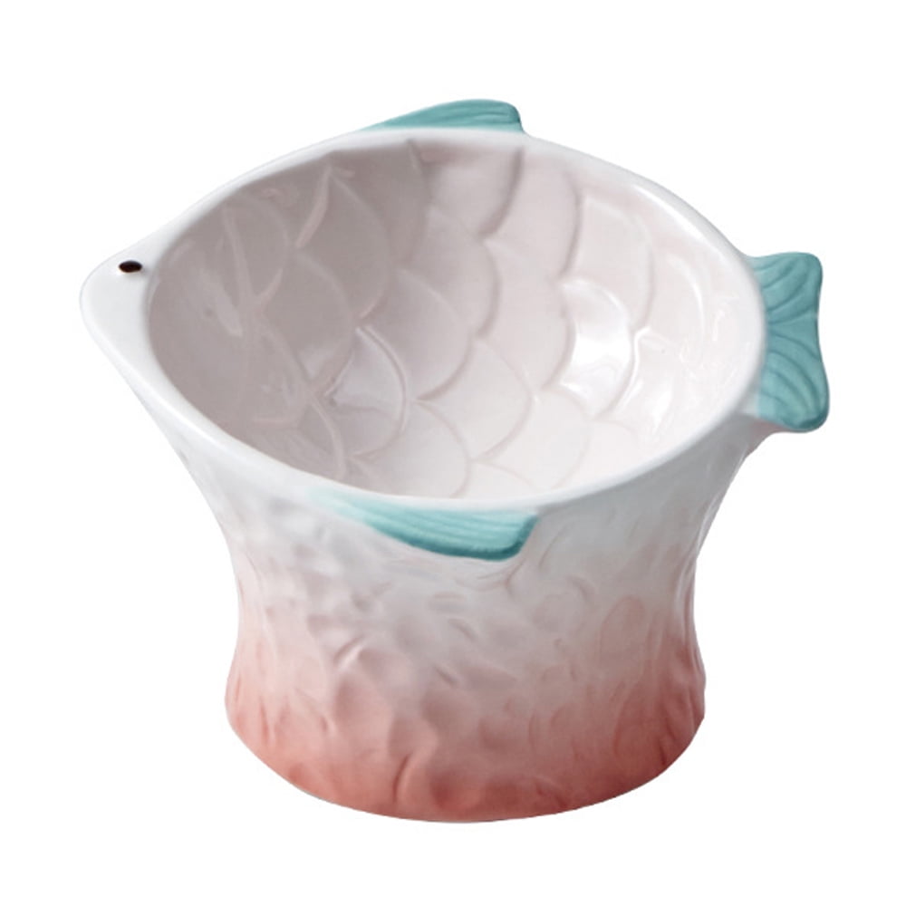 Raised Tilted Ceramic Cat Food Bowl Cute Pink Fish Shape Elevated ...