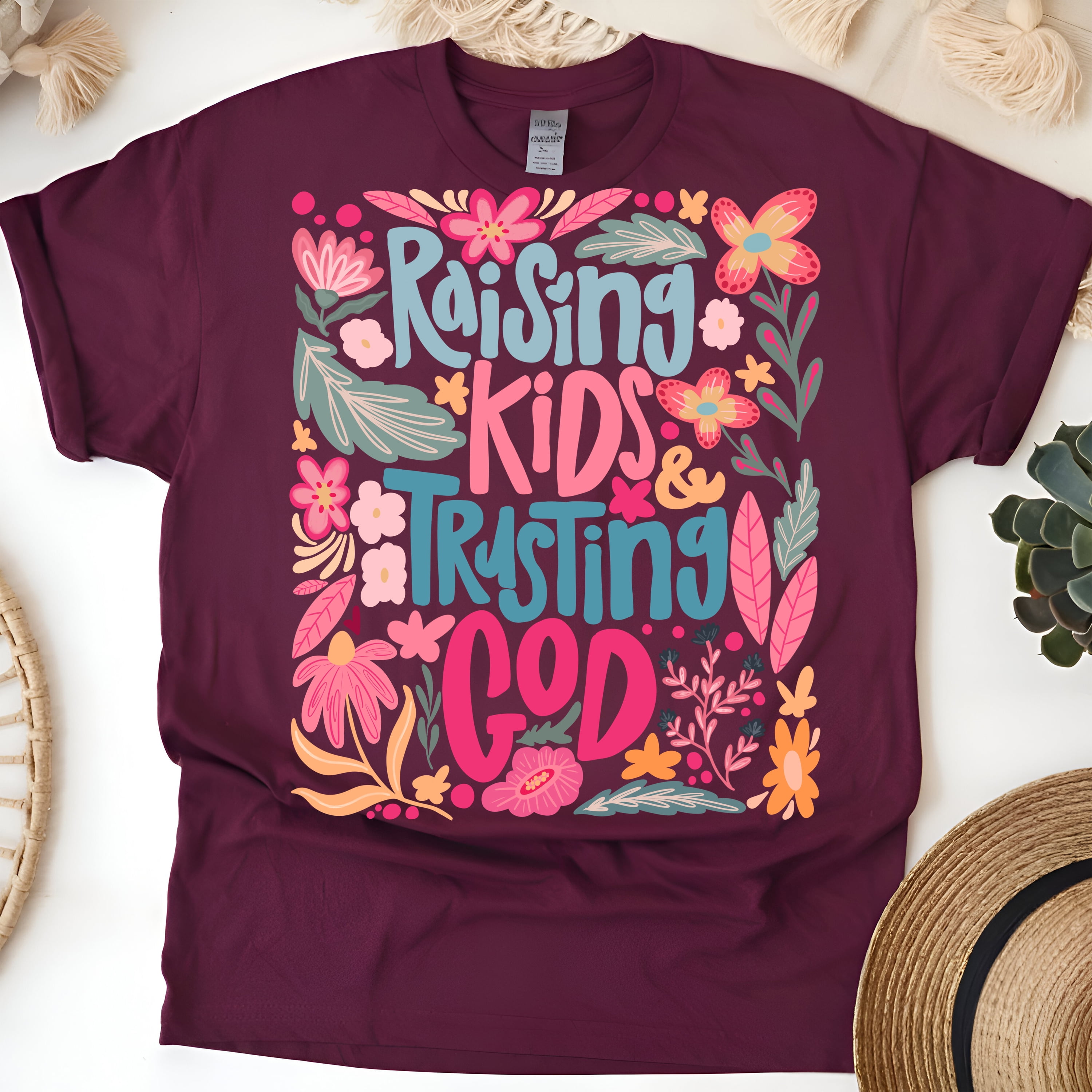 Raising Kids and Trusting God T-Shirt for Women | Christian Mom Floral ...