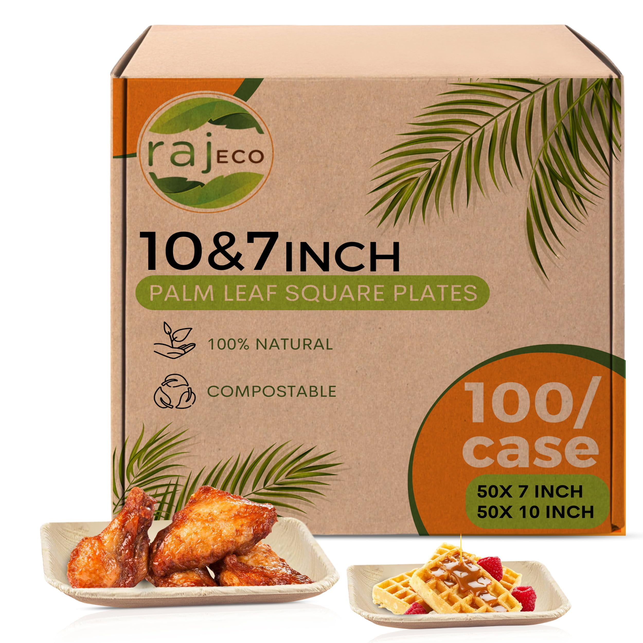 Raj Palm Leaf Plates [50-Pack] 10" & 7" Square Plates (2 CASES - 100 ...