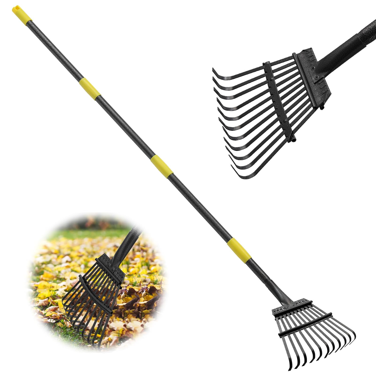 Rake, 60 Inch Long, 11 HYZ01 Tines Small Metal Garden Rake for Leaves ...