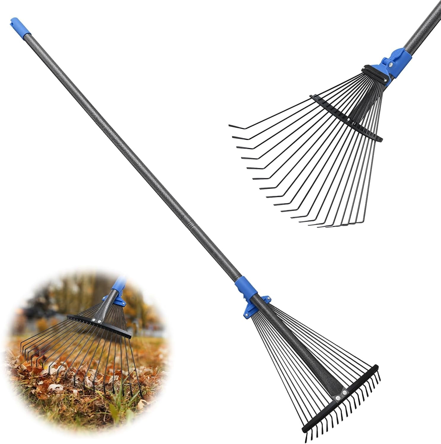 Rake, Leaf Rake with Expandable Head,18 Teeth, Adjustable 53 Inch Long ...