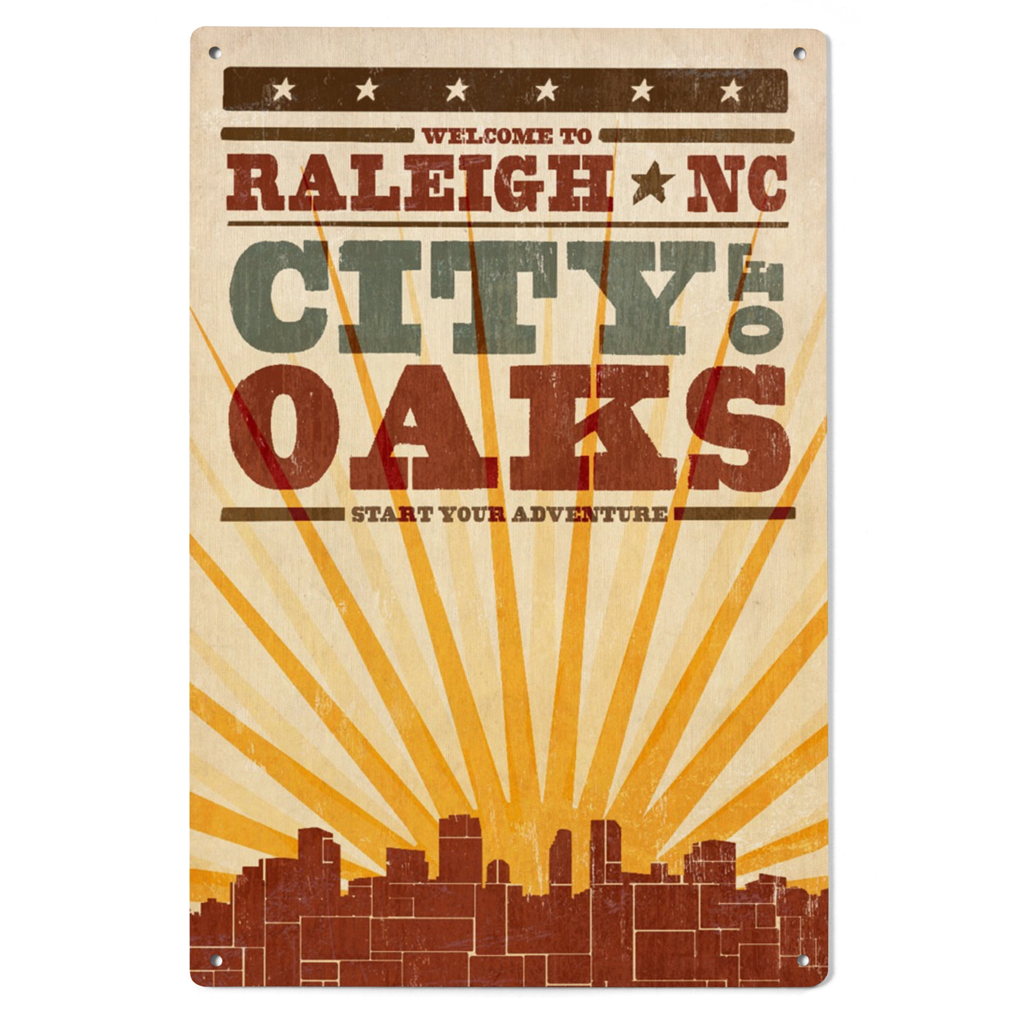 Raleigh, North Carolina, Skyline and Sunburst Screenprint Style Birch ...