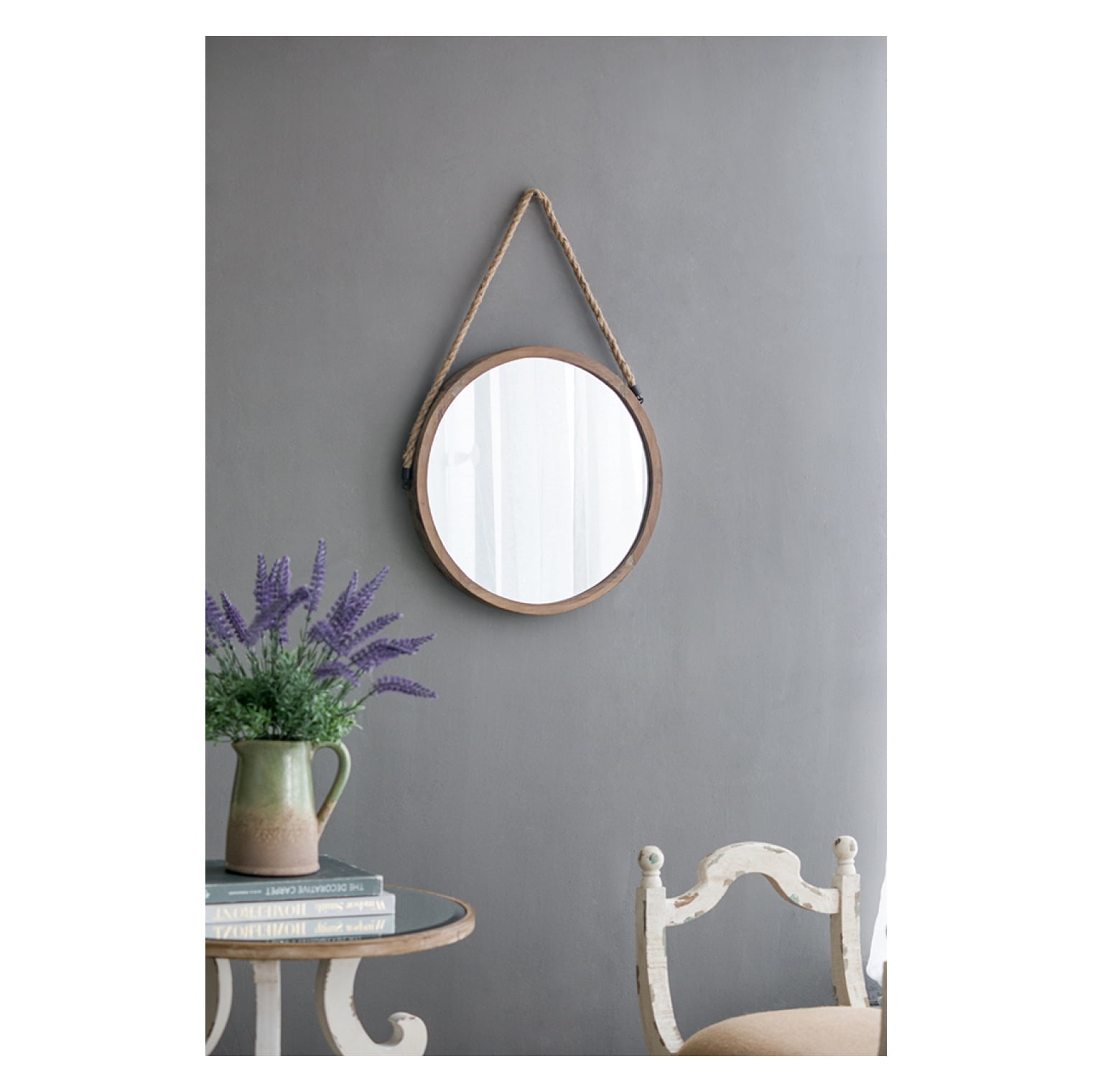 Rally Wood Mirror 19x19x29.5 - Round Coastal Mirror with Jute Handle ...