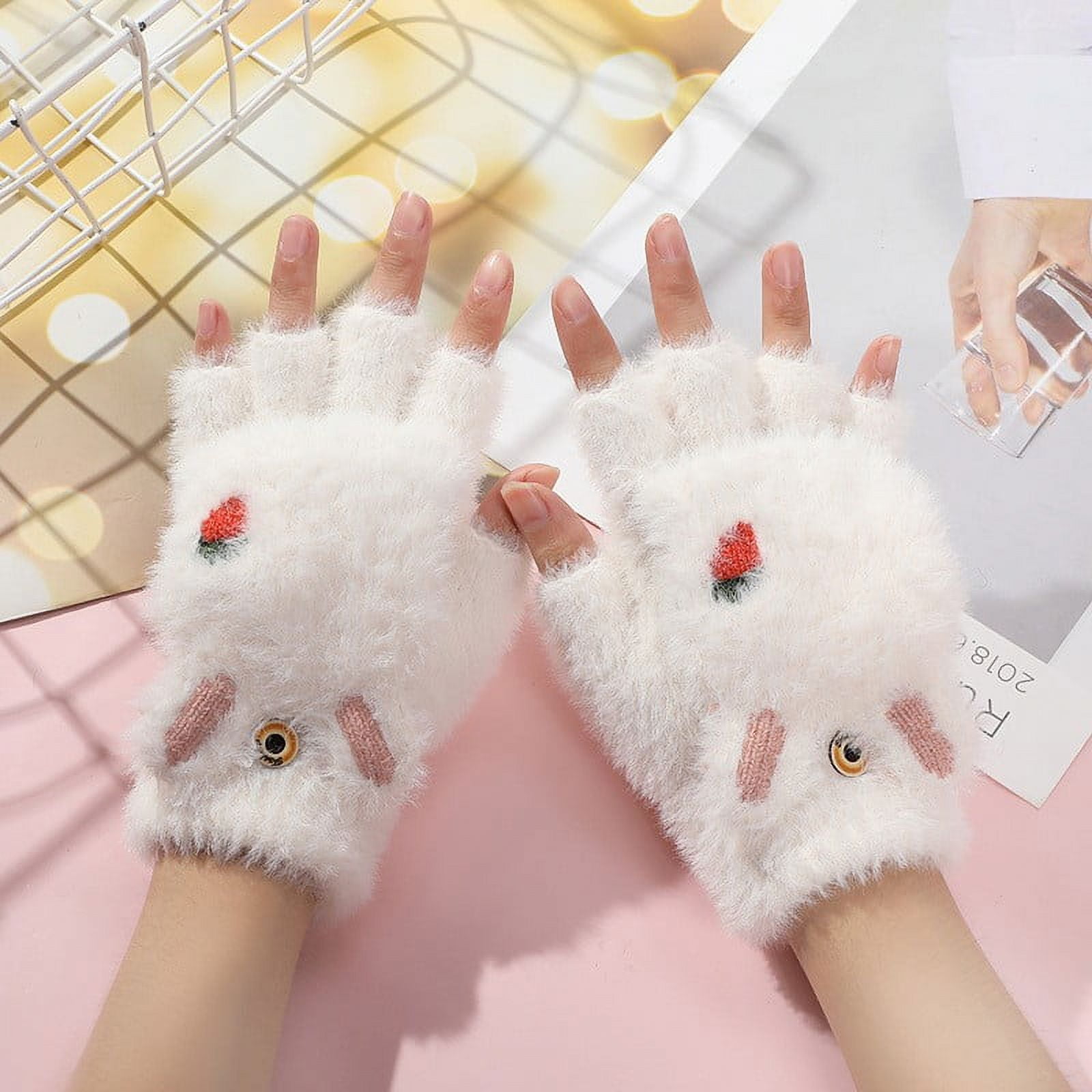 VONCOS Cute Animal-Inspired Fingerless Gloves for Women, White, Soft ...