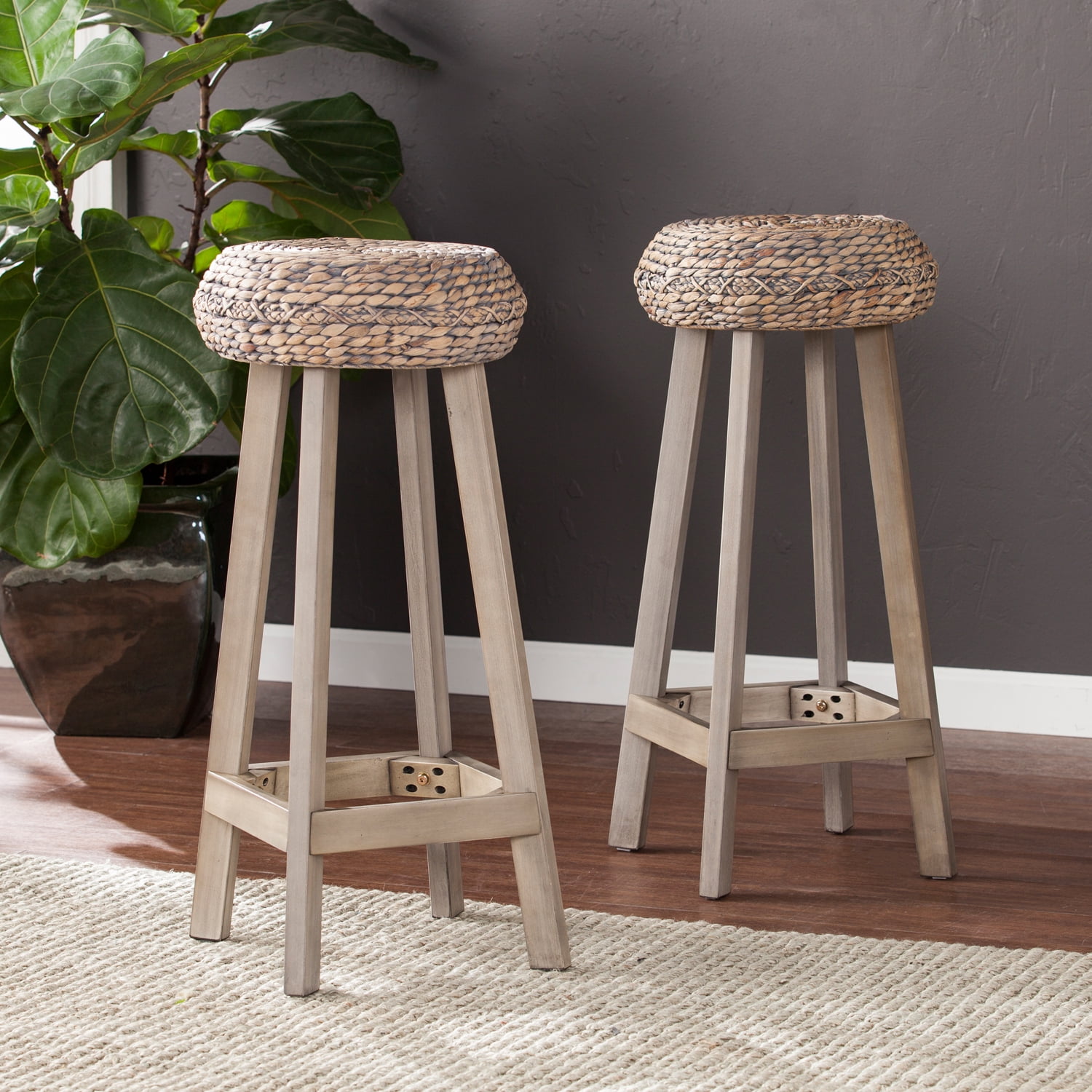 Ralthrone Round Backless Water Hyacinth 30" Bar Stools 2pc Set ...
