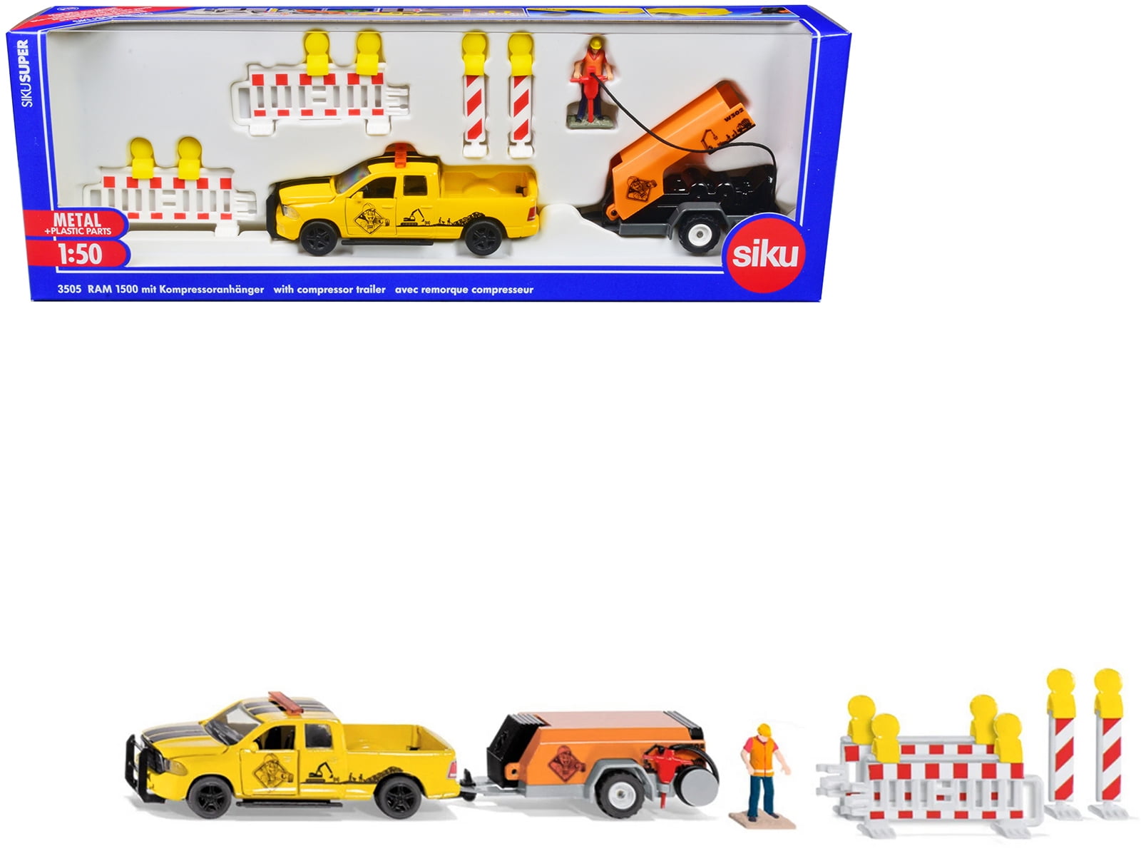 Ram 1500 Pickup Truck Yellow with Compressor Trailer and Worker Figure ...