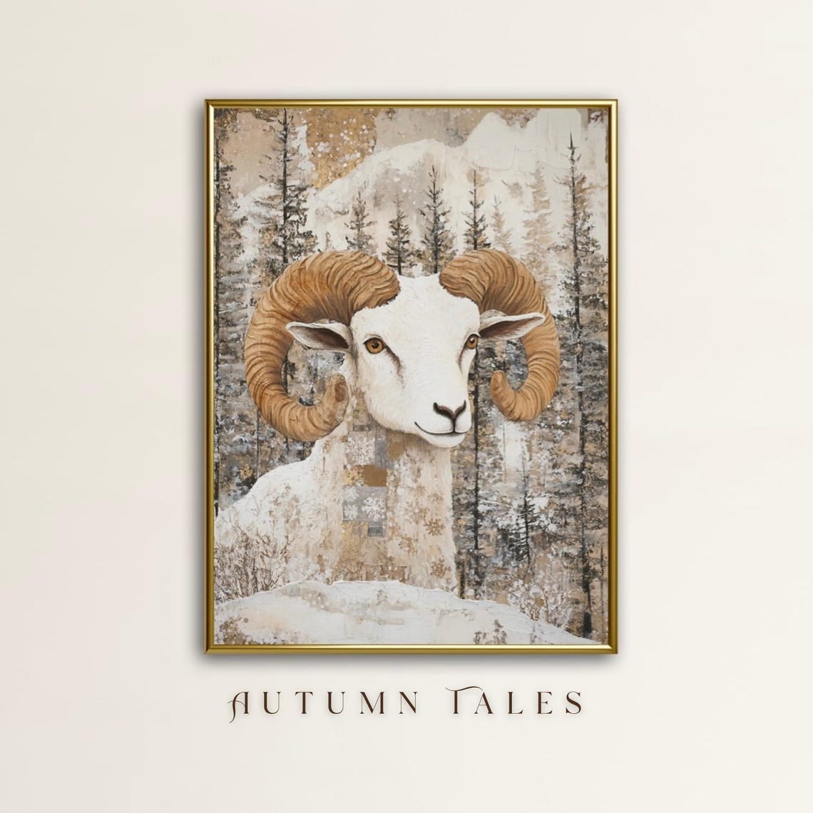 Ram In Winter Forest Poster Wall Art Animal Landscape Print White Ram ...