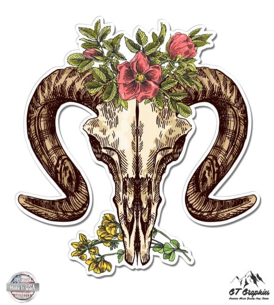 Ram Skull With Flowers Modern Boho Trendy - 5" Vinyl Sticker - For Car ...