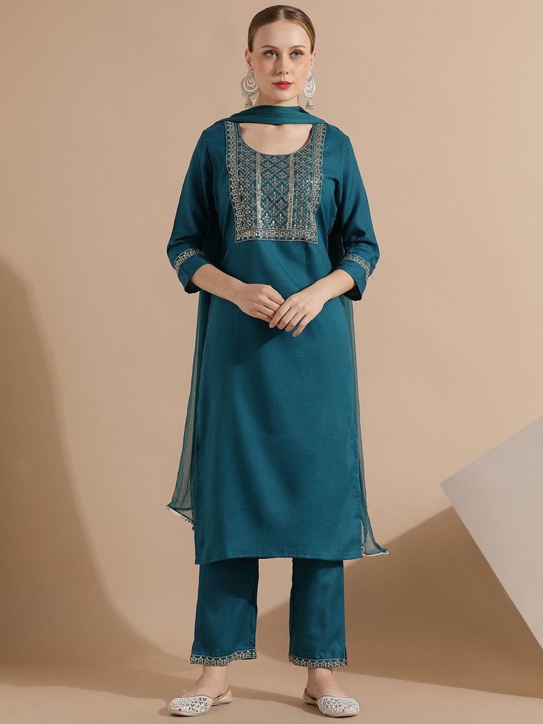 Rama Solid Embroidred Cotton Blend Kurta, Pant and Chiffon Dupatta Set ...