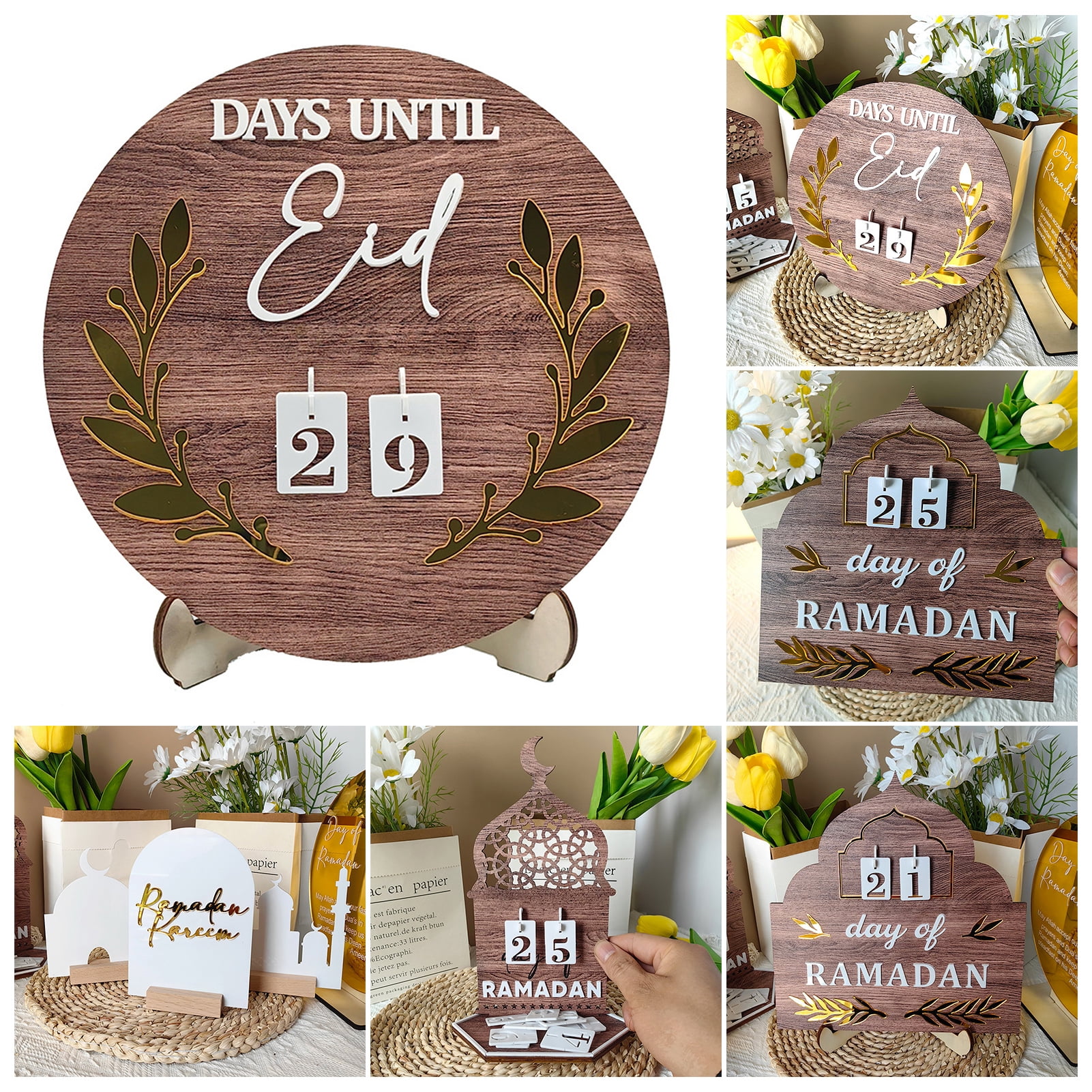 Ramadan Countdown Calendar Wooden Round Leaf Decor Display Mold DIY Eid ...