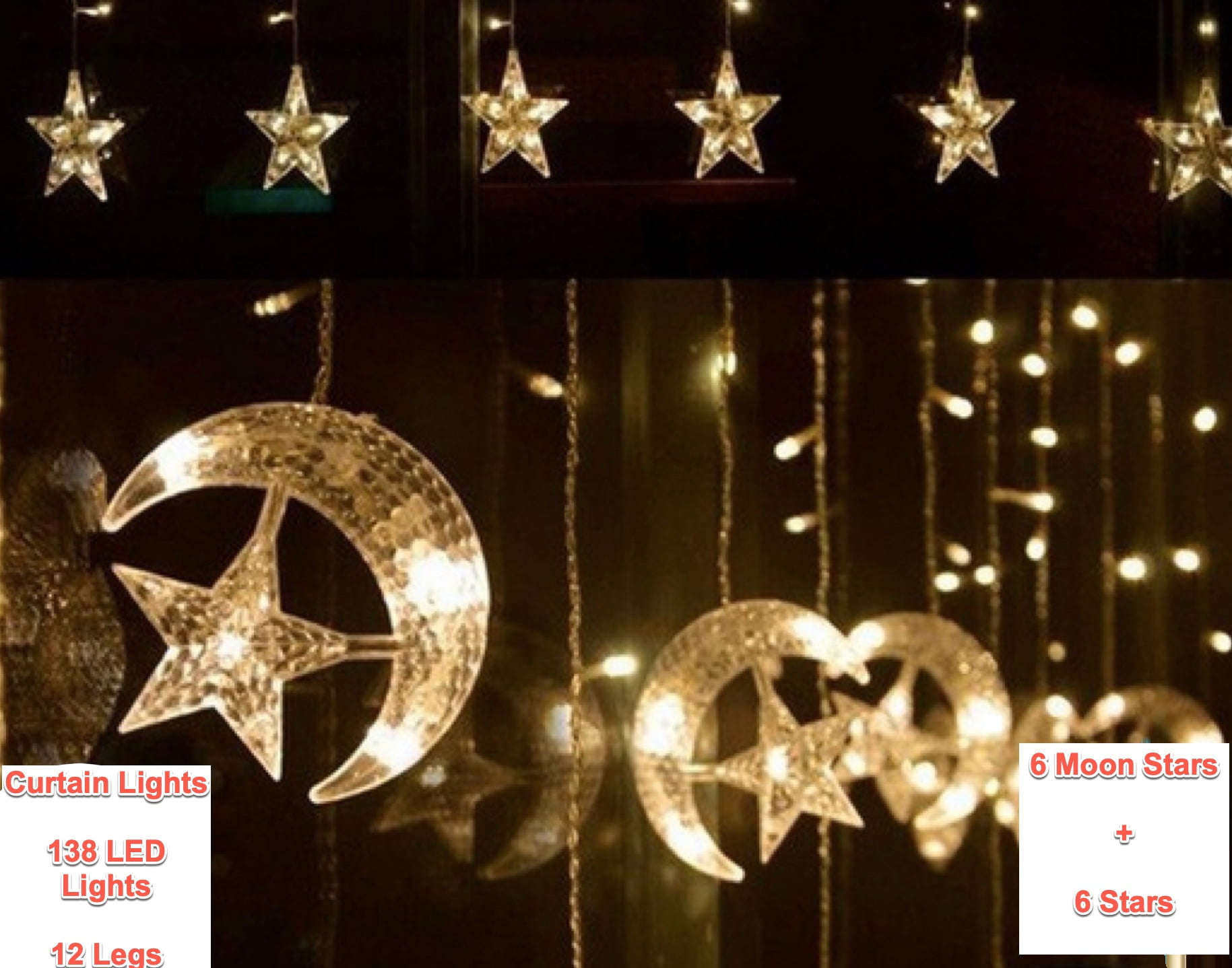 Ramadan Curtain Light Moon Star, 138 LED Curtain Lights Eid Decoration ...