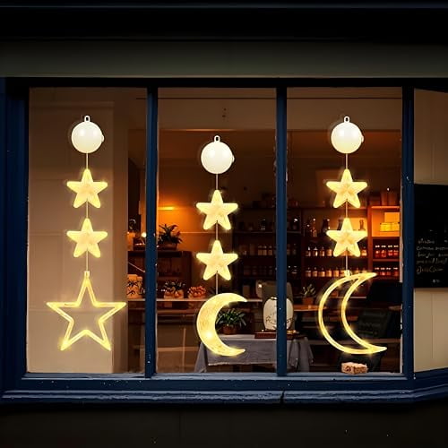 Ramadan Decorations Moon Star Window Lights, 3 Pack, Hanging LED ...