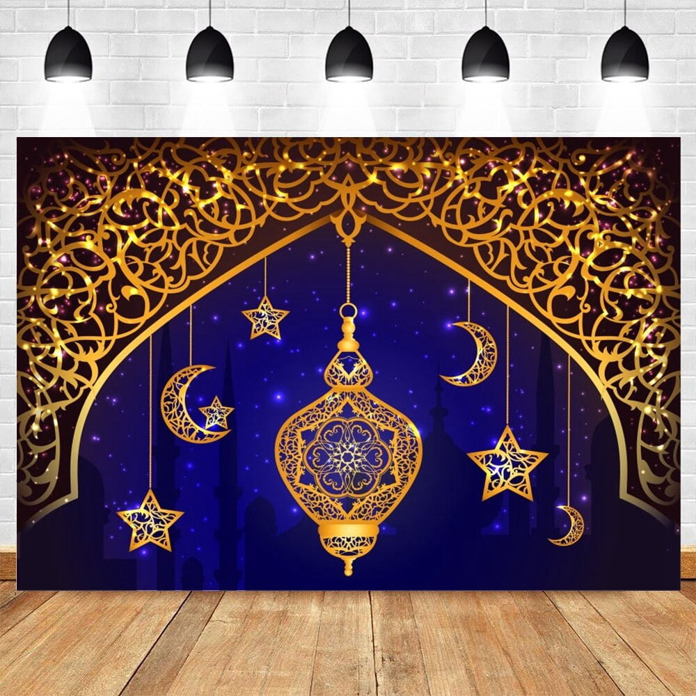 Ramadan Kareem Backdrop Eid Mubarak Poster Golden Dots Moon Islamic Mosque Lamps Moon Star